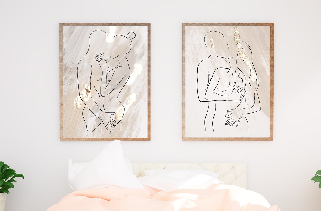 2er-Set Liebende, Linie Zeichnung Wandkunst, Linie Zeichnung, Paar Wandkunst, Wand-Dekor ...