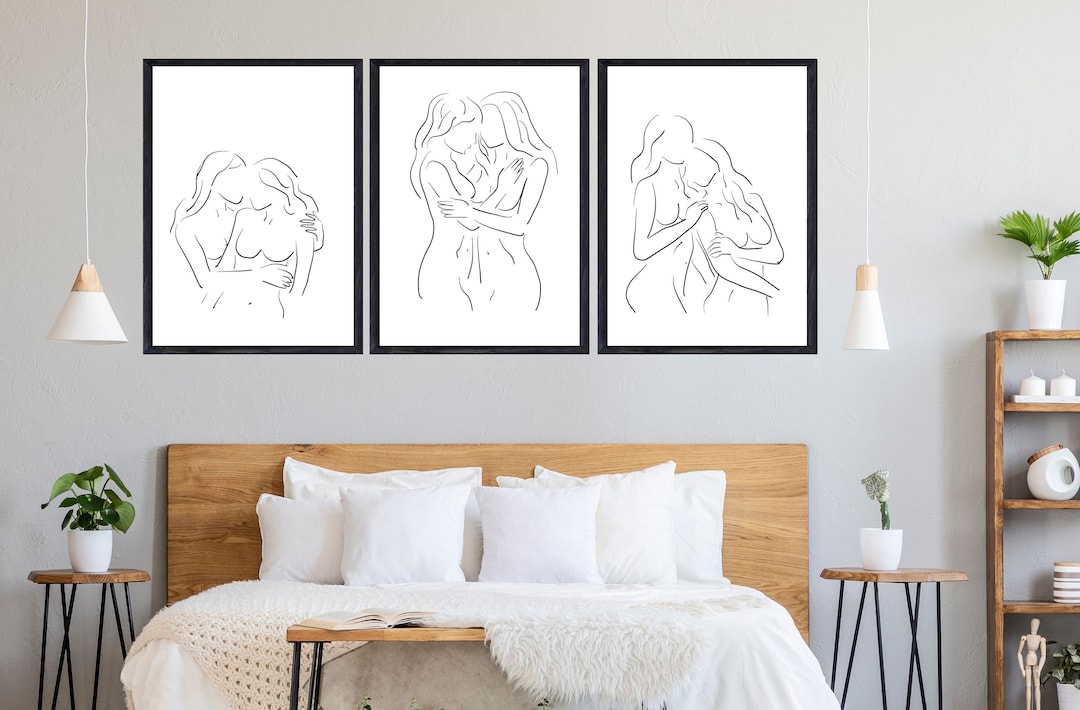 Set of 3 Line Drawing, Lovers Line Drawing Wall Art, Lesbian Couple ...