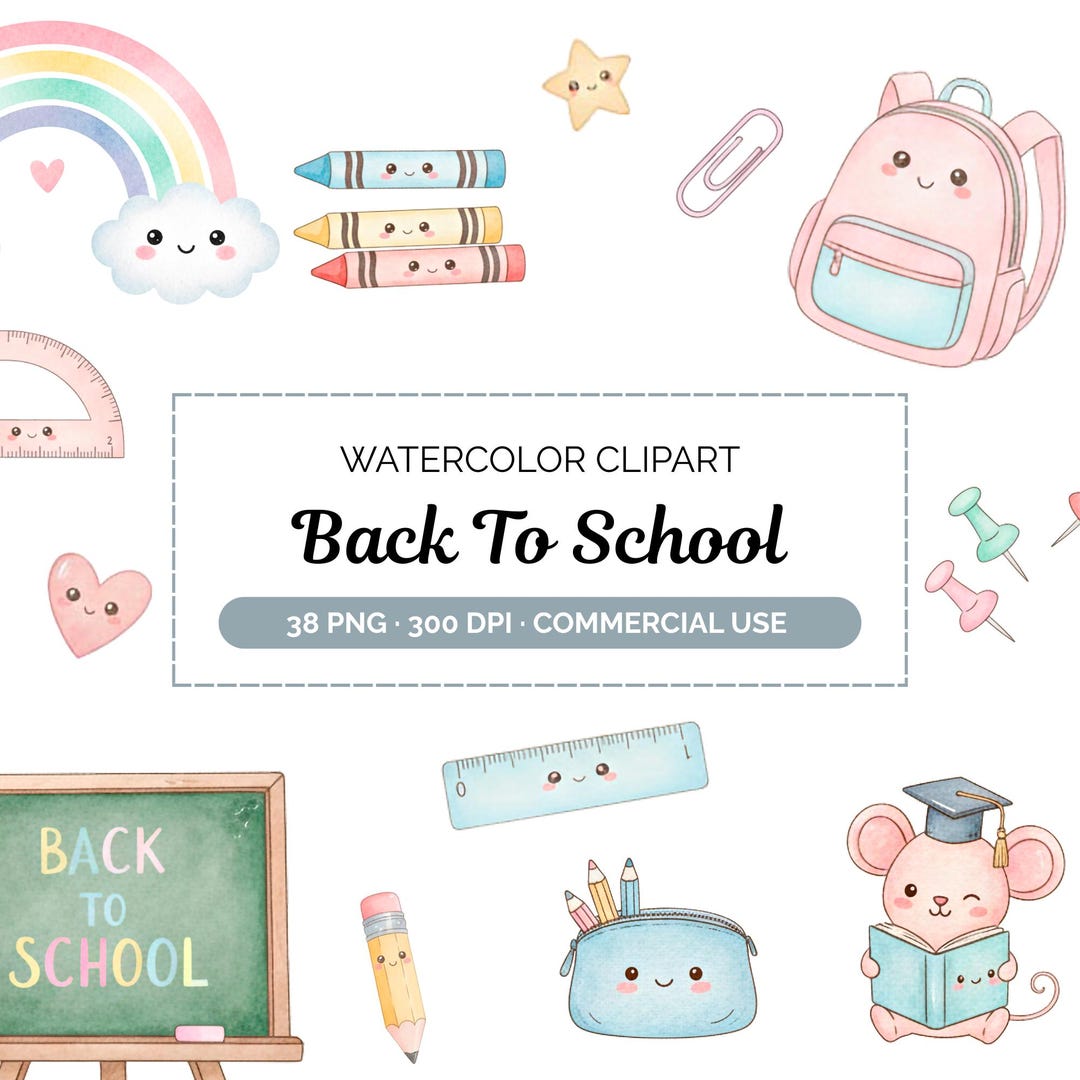 Back to School Clipart | Watercolor Kawaii School Supplies PNG | Books ...