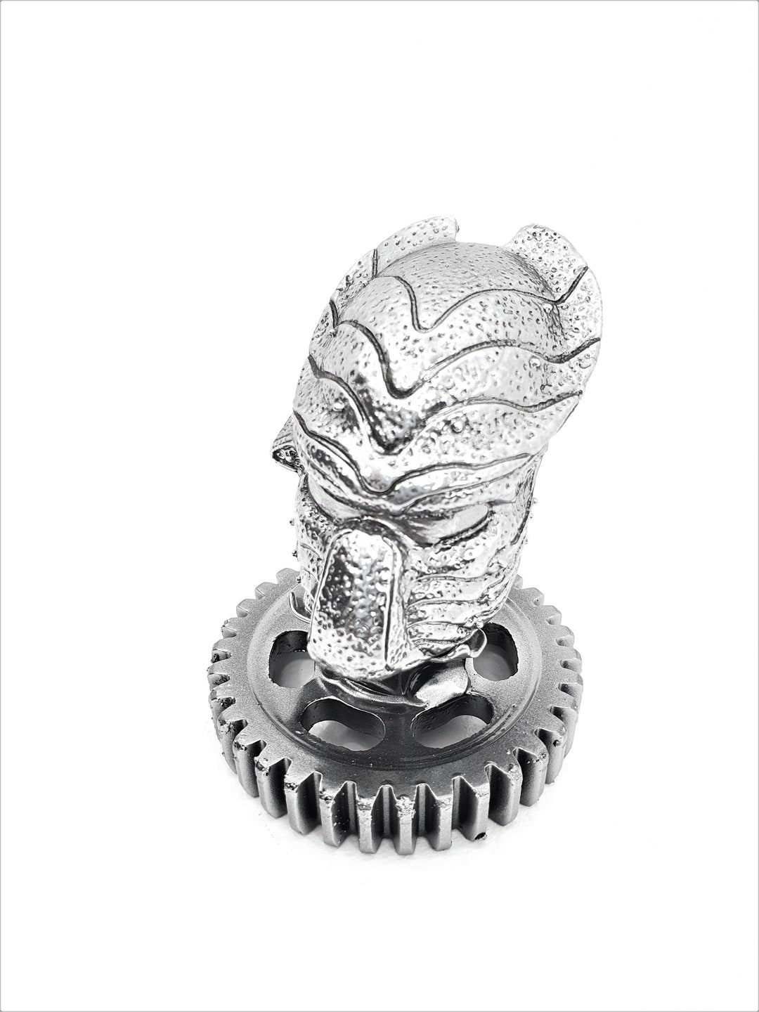 Predator 40cm Mask Chopper on A Stand Silver Handmade Recycled Metal ...