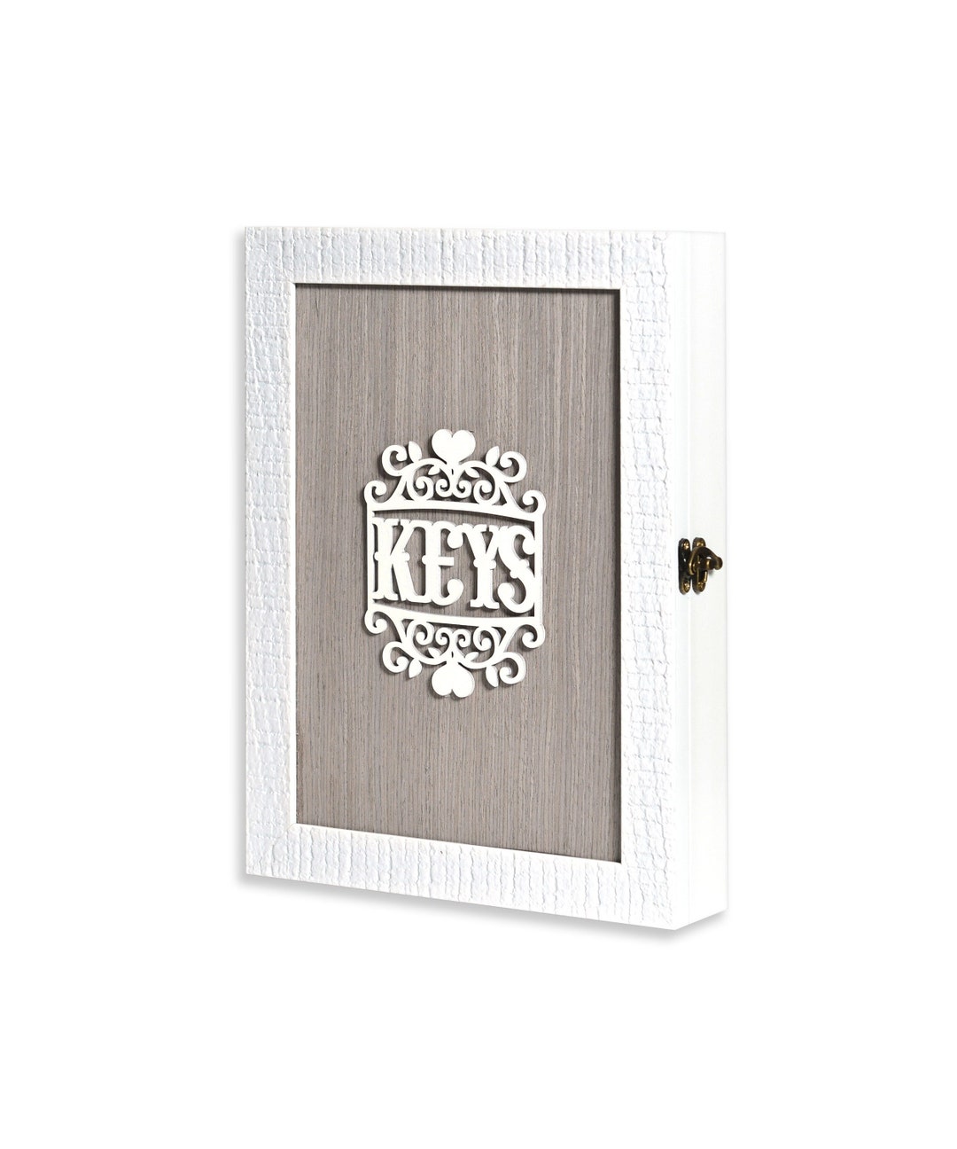 White Wooden Key Cabinet for Wall, Vintage Key Box With 6 Hooks ...