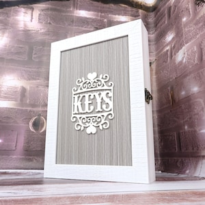 White Wooden Key Cabinet for Wall, Vintage Key Box With 6 Hooks ...