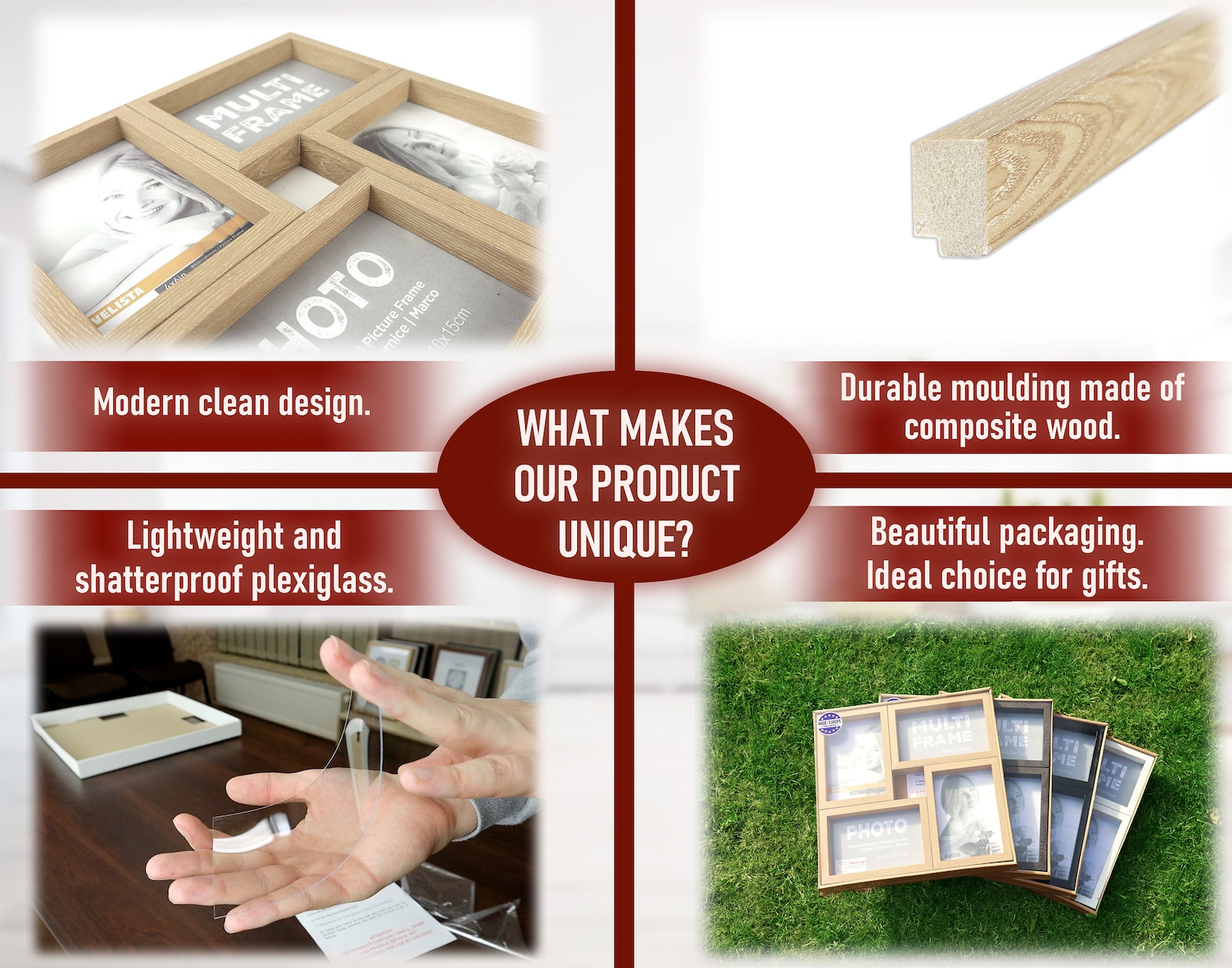 4-opening 4x6” Rustic Picture Frame Collage - Farmhouse Tabletop Square ...