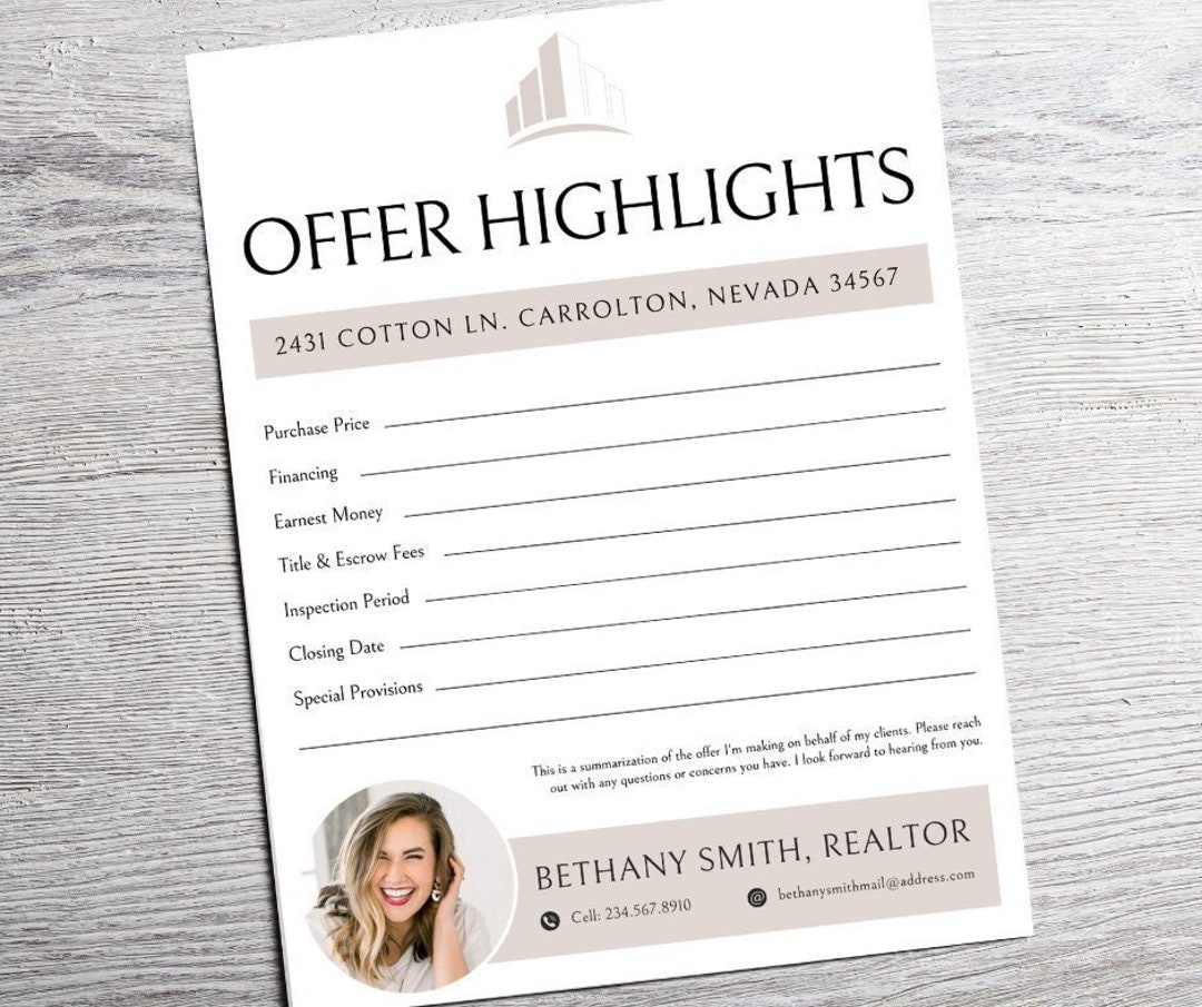Offer Cover Letter | Contract Highlights | Offer Summary | Real Estate ...