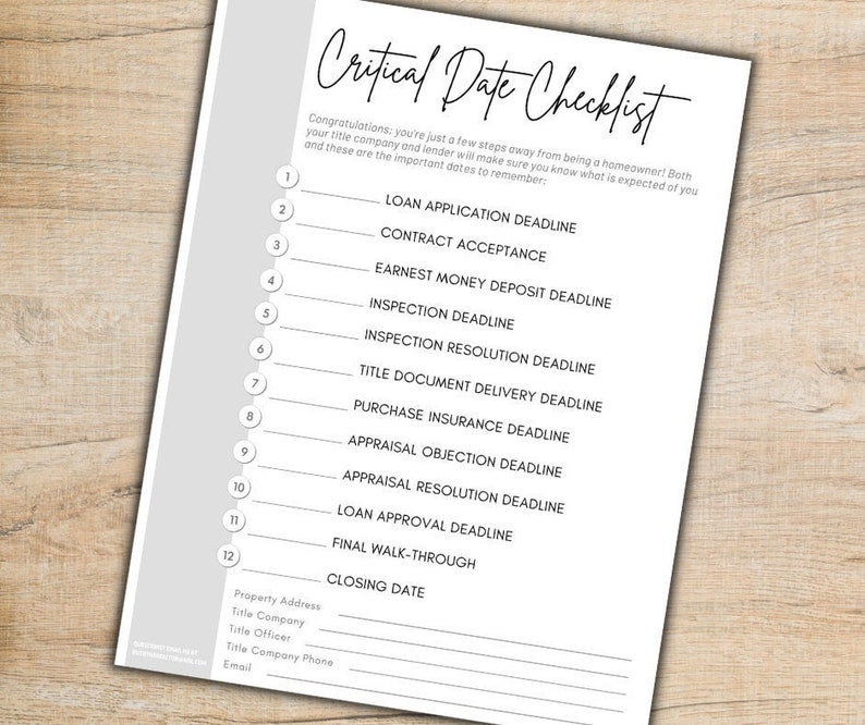 Critical Date Checklist Home Buyer Escrow Checklist Real - Etsy