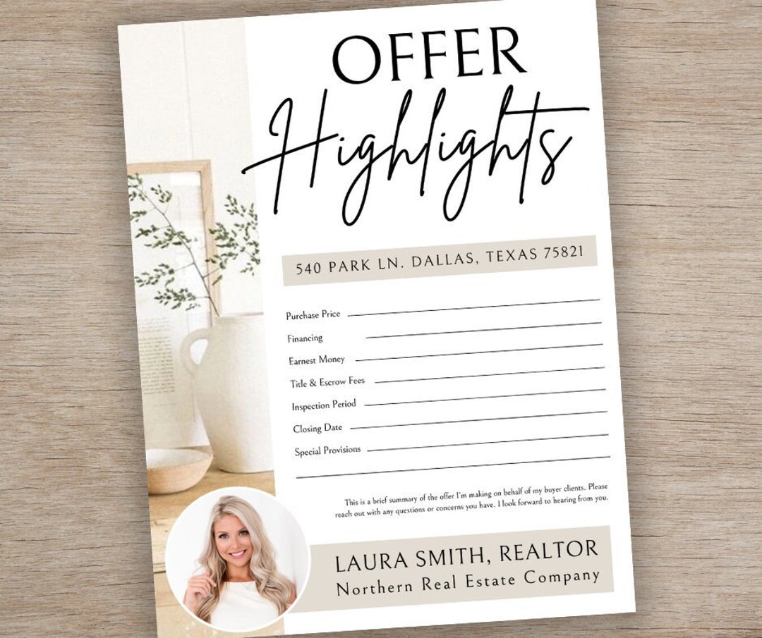 Offer Highlights | Contract Cover Page | Real Estate Template | Realtor ...