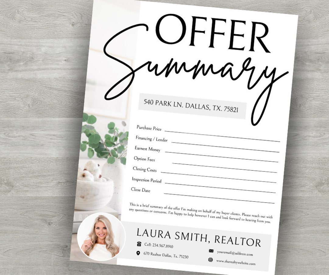 Offer Summary | Contract Cover Letter | Offer Highlights | Real Estate ...