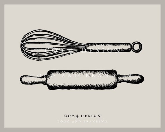 Baking Vintage Style Hand Drawn Rolling Pin and Whisk | Etsy
