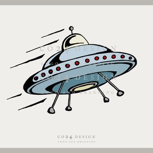 Spaceship Digital Download, Vintage UFO Wall Art, Hand Drawn Flying ...