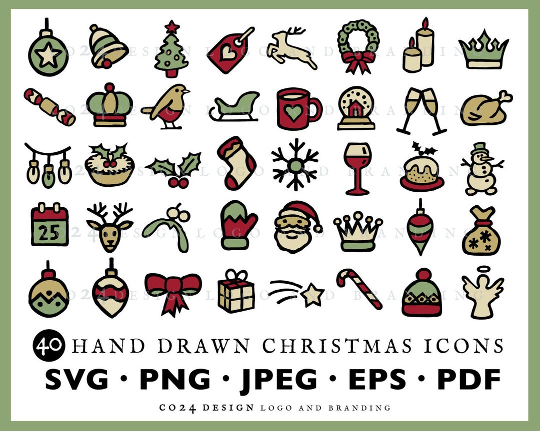 40 Christmas Holiday Icons, Hand Drawn Vintage Holiday Icons, Festive ...