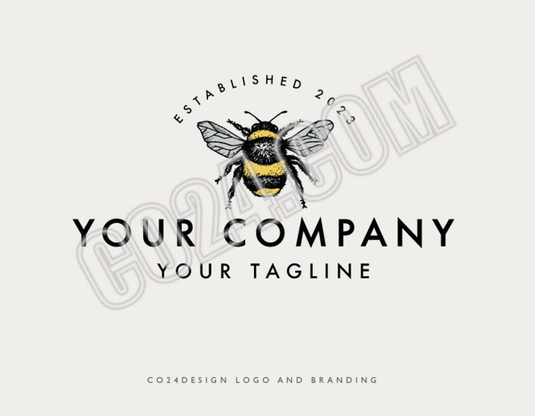 Bee Pre-made Modern Logo, Hand Drawn Bumble Bee Illustration, Bumblebee ...