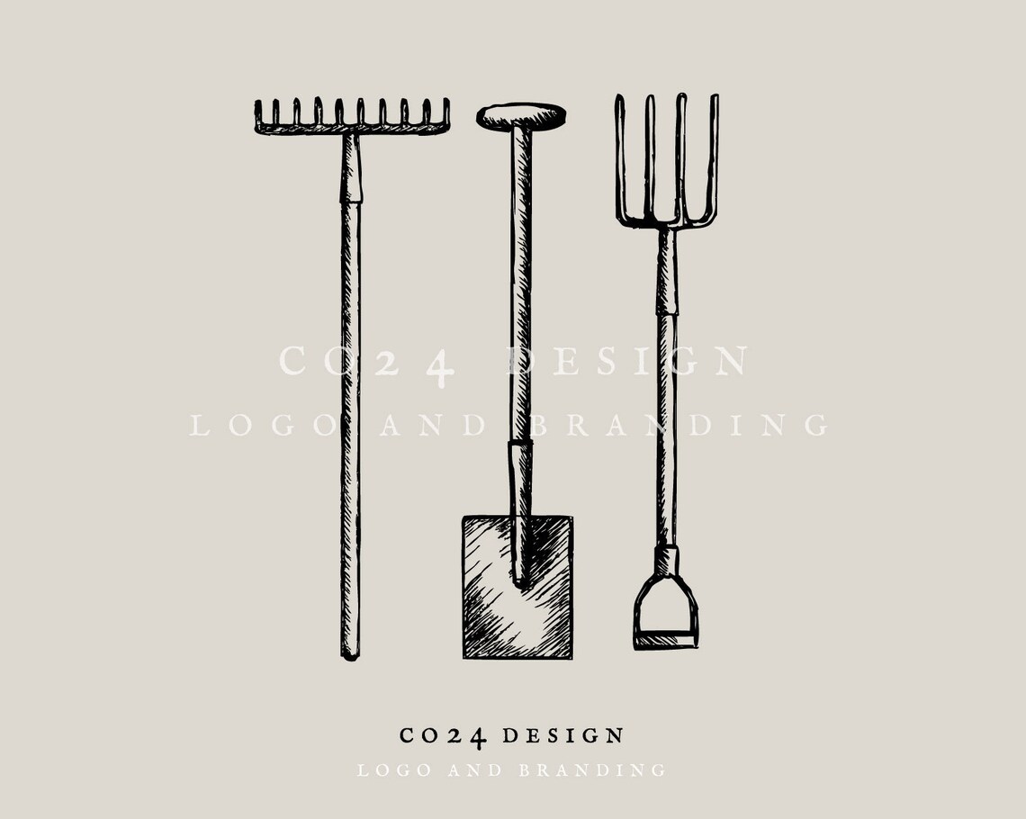 Garden Tools Rake Spade and Fork Vintage Style Hand Drawn - Etsy