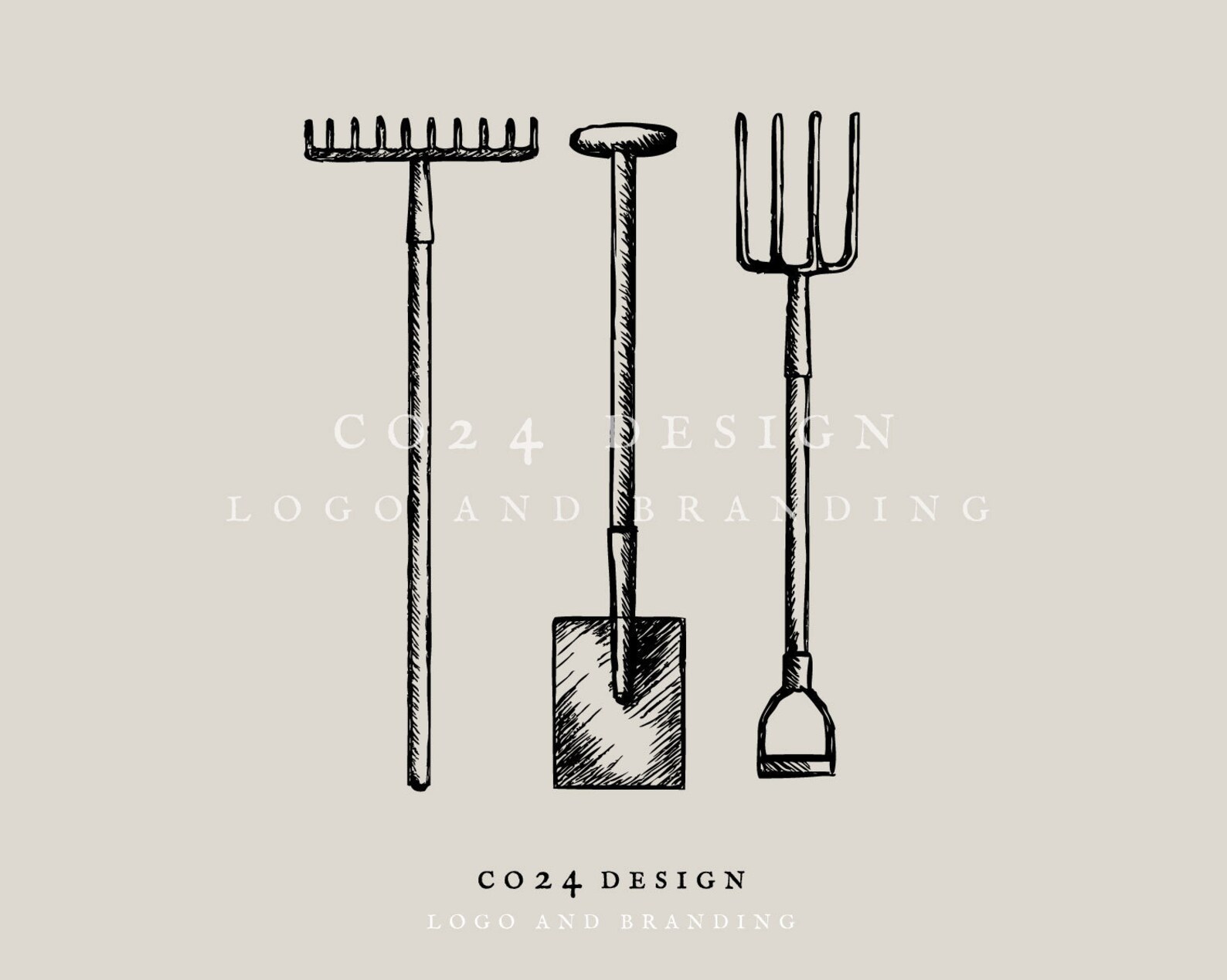 Garden Tools Rake Spade and Fork Vintage Style Hand Drawn - Etsy