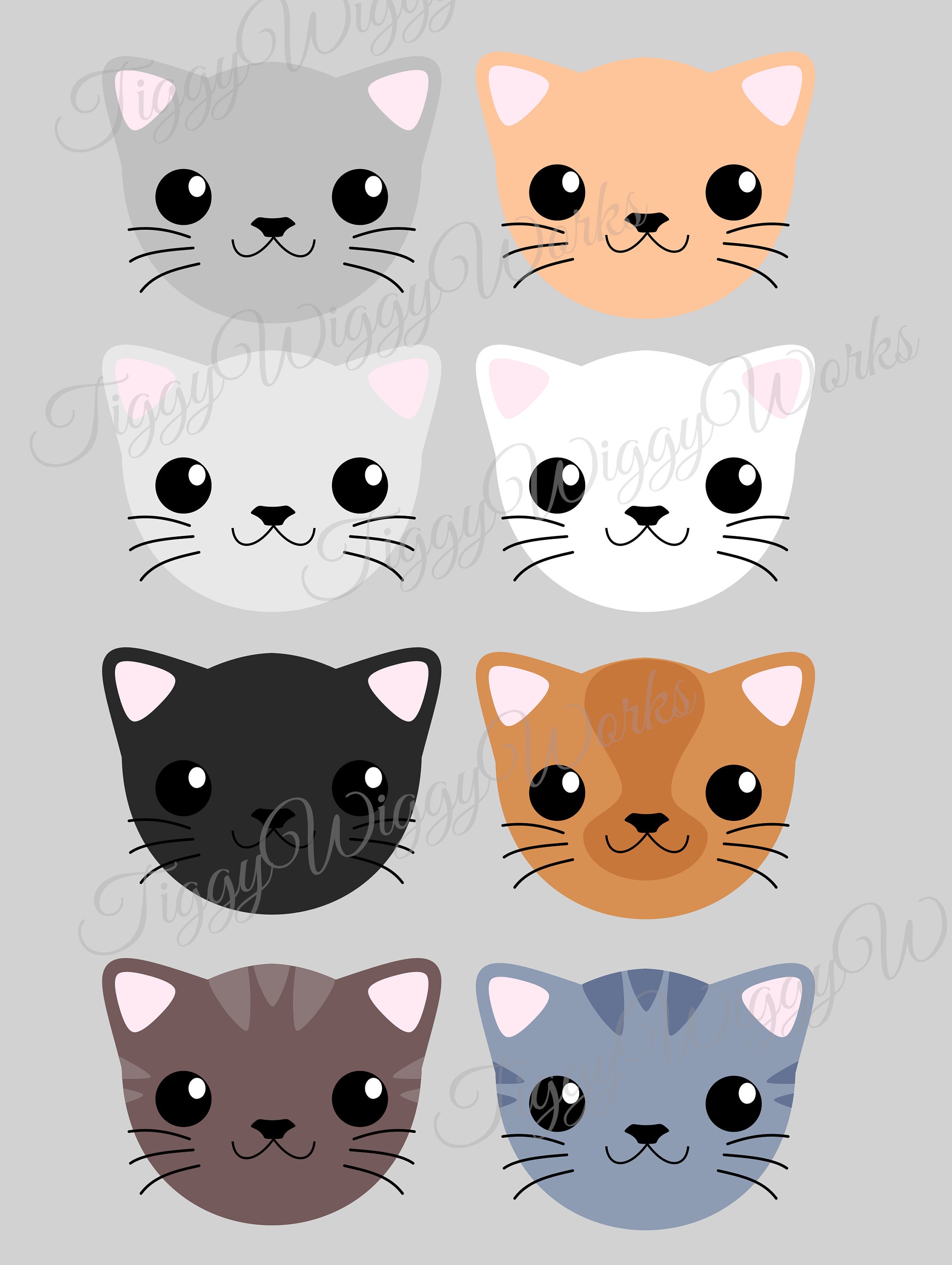 Cute Cat Face Digital File PNG Clip Art 8 Kitty Doodle Sticker Journal ...