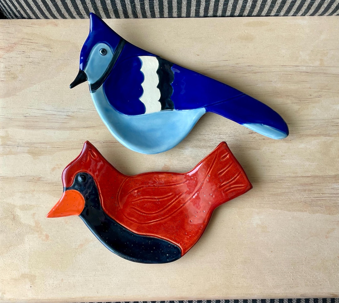 Handmade Ceramic Songbird Spoon Rest: Cardinal and Blue Jay Stoneware ...