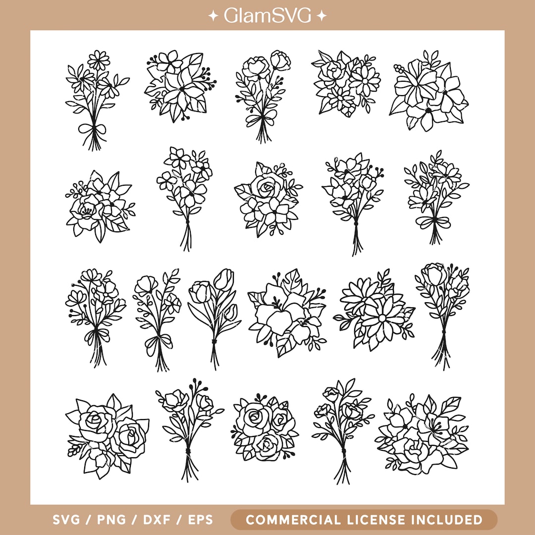 Bouquet of Flowers SVG Bundle | Floral SVG Cut Files for Cricut | Hand ...