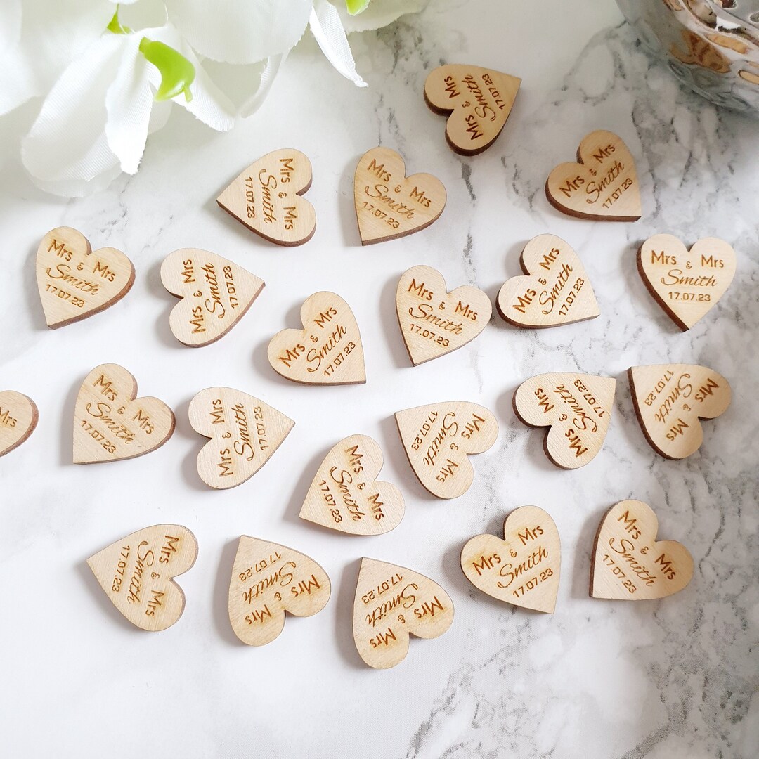 Personalised Wood Heart Table Decorations Engraved Confetti Mr Mrs ...