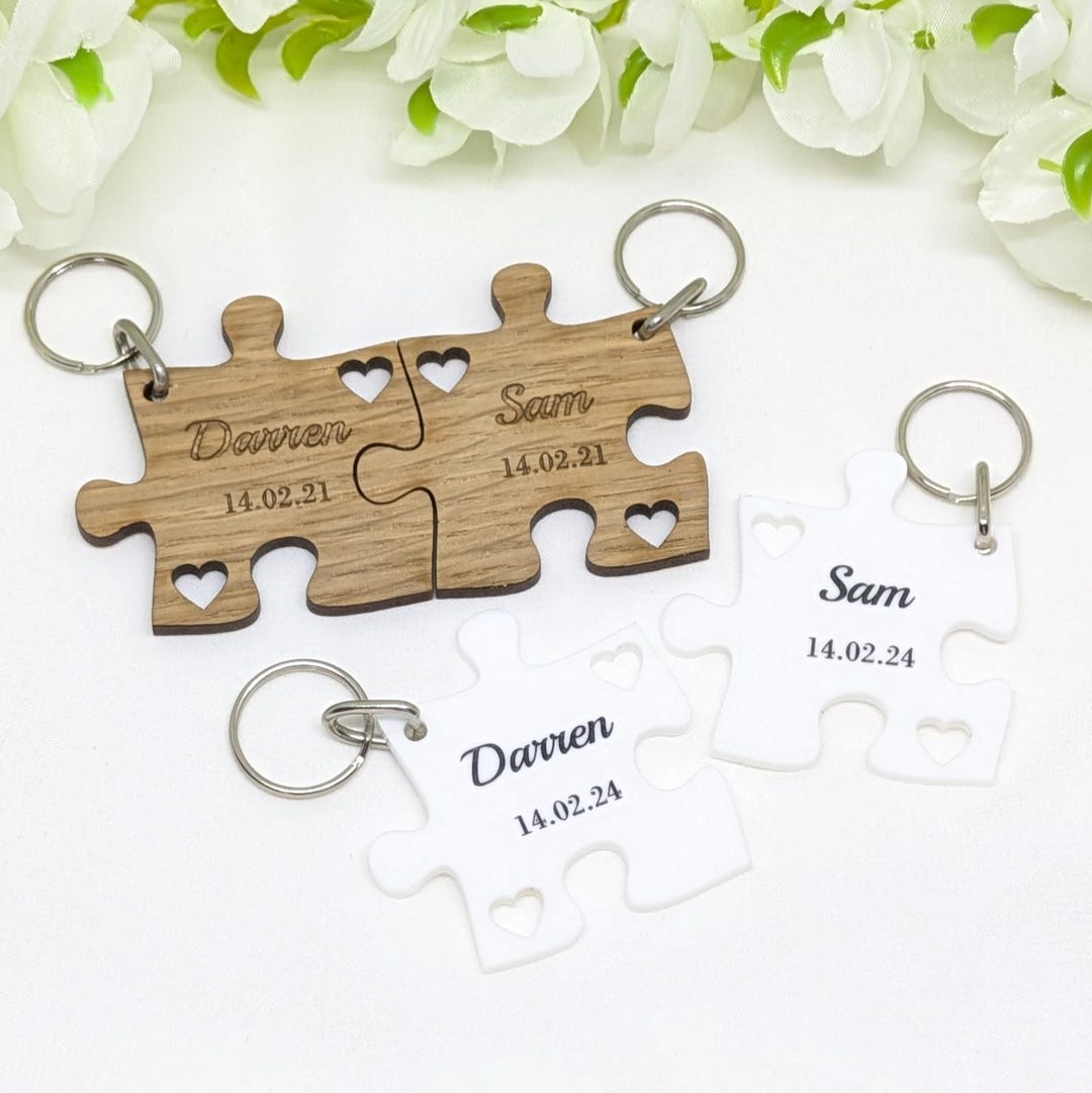 Personalised Puzzle Piece Keyring Set, Oak Wood Engraved Jigsaw, Names ...
