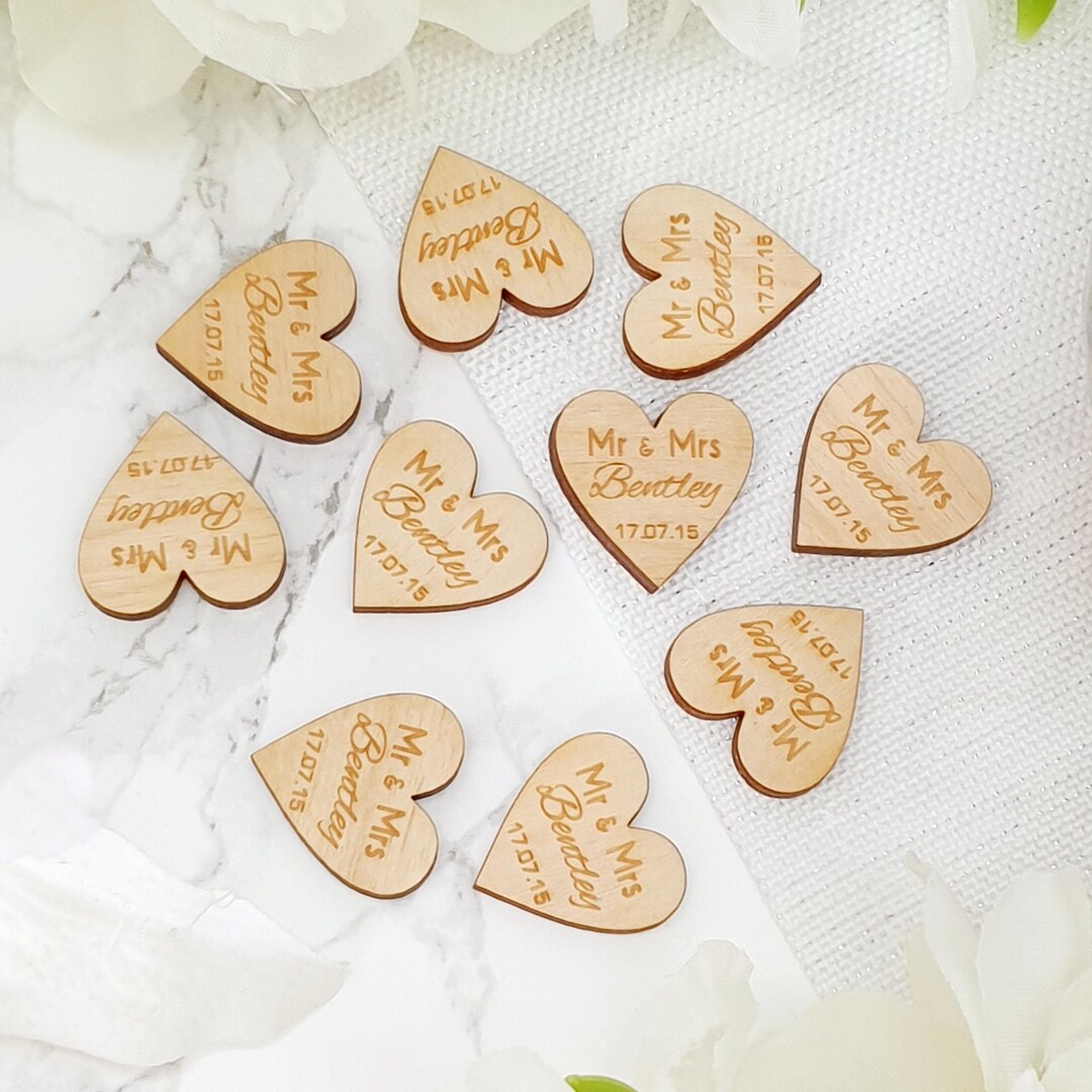Personalised Wood Heart Table Decorations - Mr Mrs Surname and Date ...