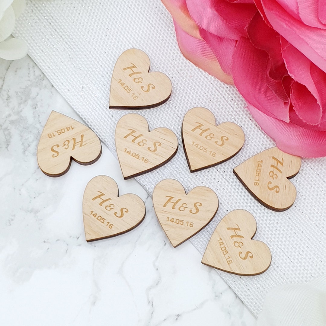 Personalised Heart Table Decorations Wood Initials and Date Engraved ...