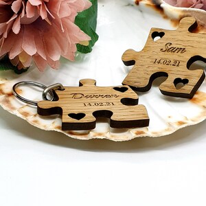 Personalised Puzzle Piece Keyring Set, Oak Wood Engraved Jigsaw, Names ...