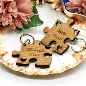 Personalised Puzzle Piece Keyring Set, Oak Wood Engraved Jigsaw, Names ...