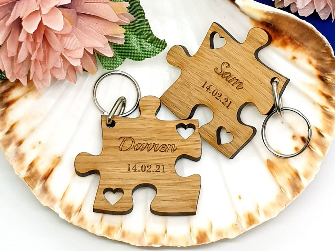Personalised Puzzle Piece Keyring Set, Oak Wood Engraved Jigsaw, Names ...