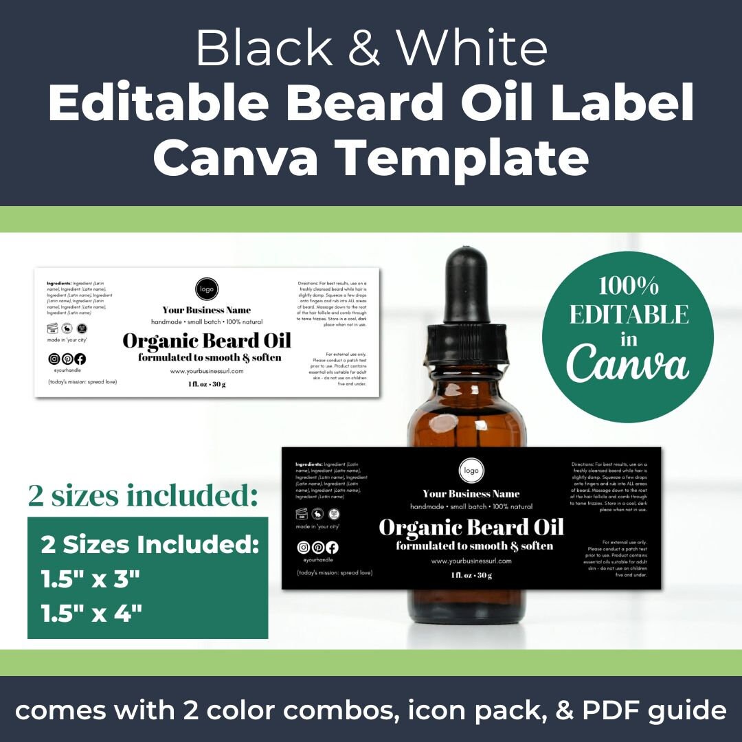 Beard Oil Label Template, Editable in Canva • DIY Skin Care Label for 1 ...
