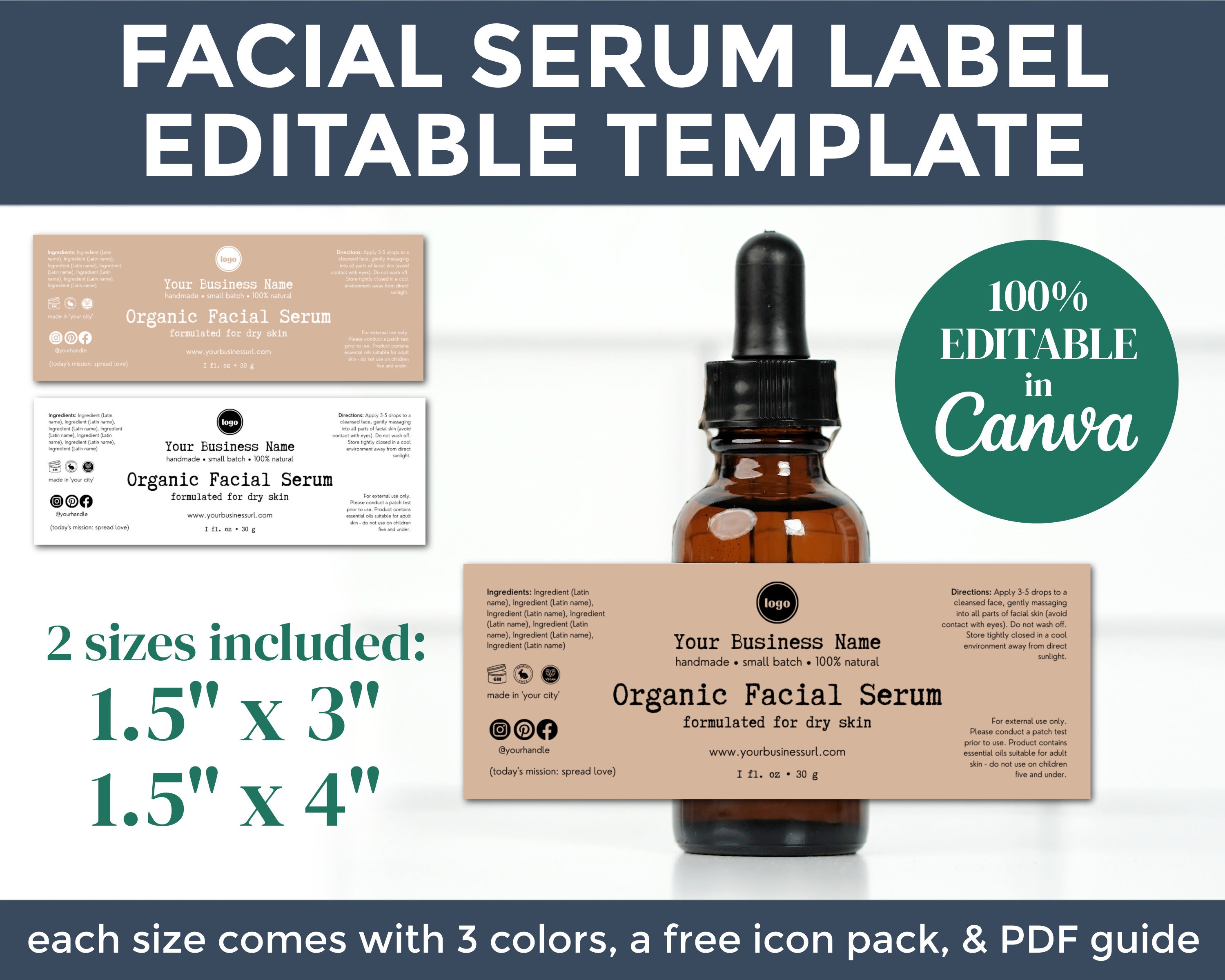Face Serum Label Template, Editable in Canva DIY Skin Care Label for 1 ...