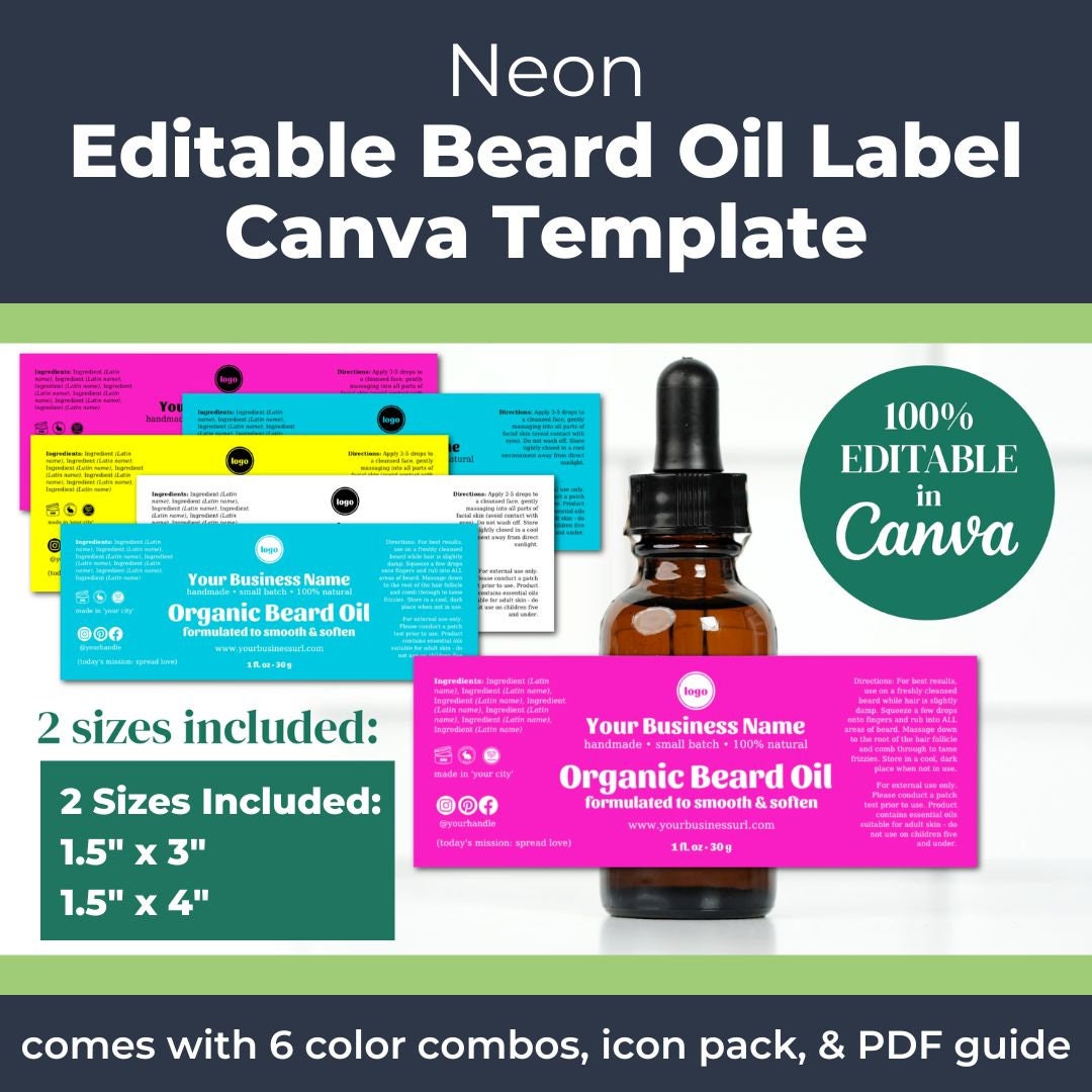 Editable Beard Oil Label Template for Skin Care Makers (neon) • 1.5 ...