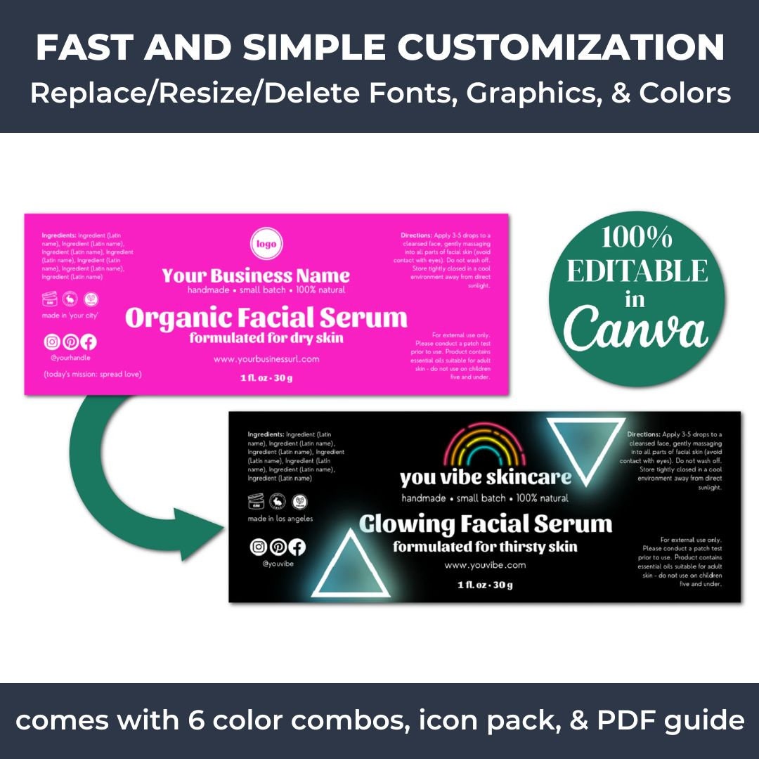 Face Serum Label Template, Editable in Canva • DIY Skin Care Label, 1 ...