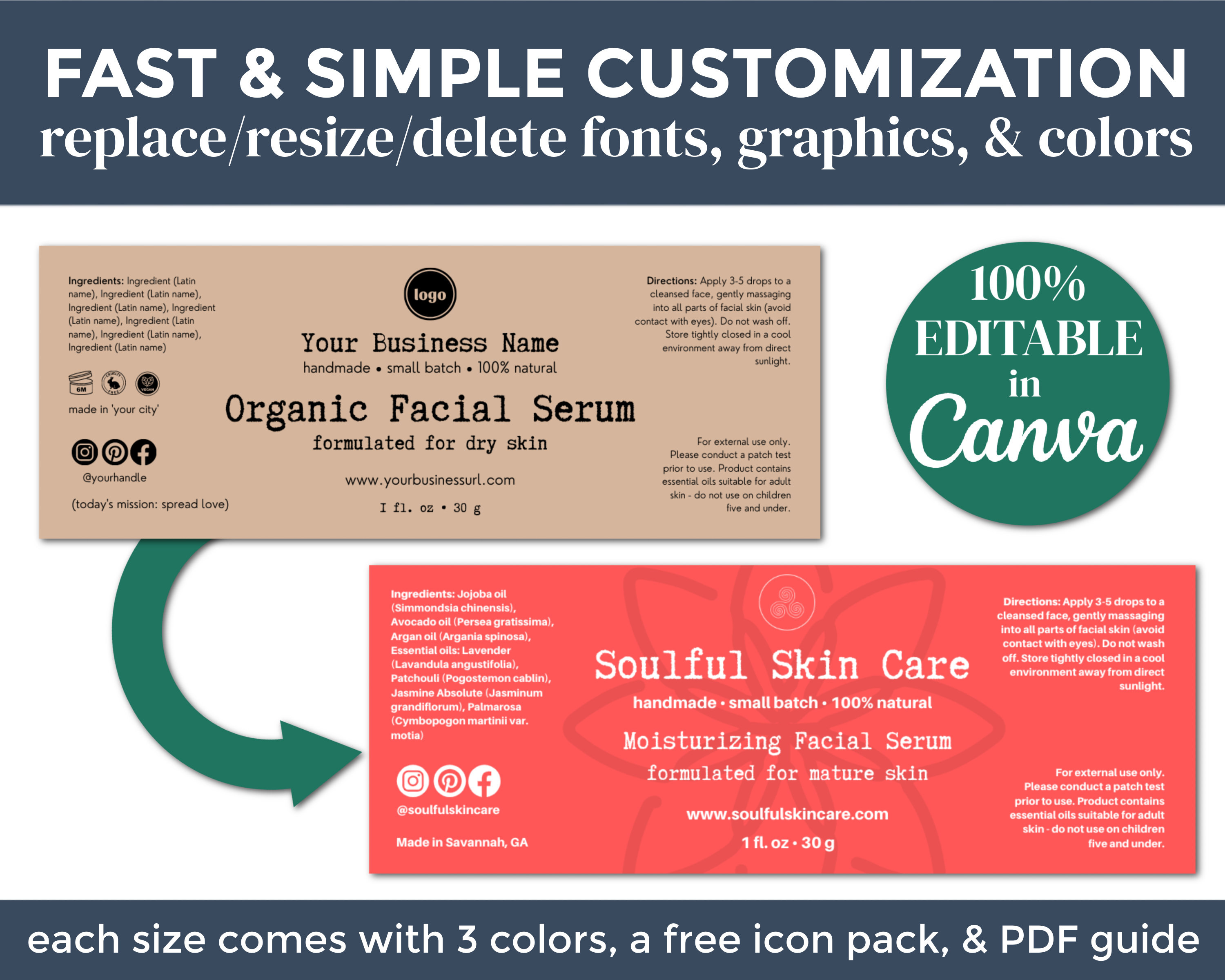 Face Serum Label Template, Editable in Canva DIY Skin Care Label for 1 ...