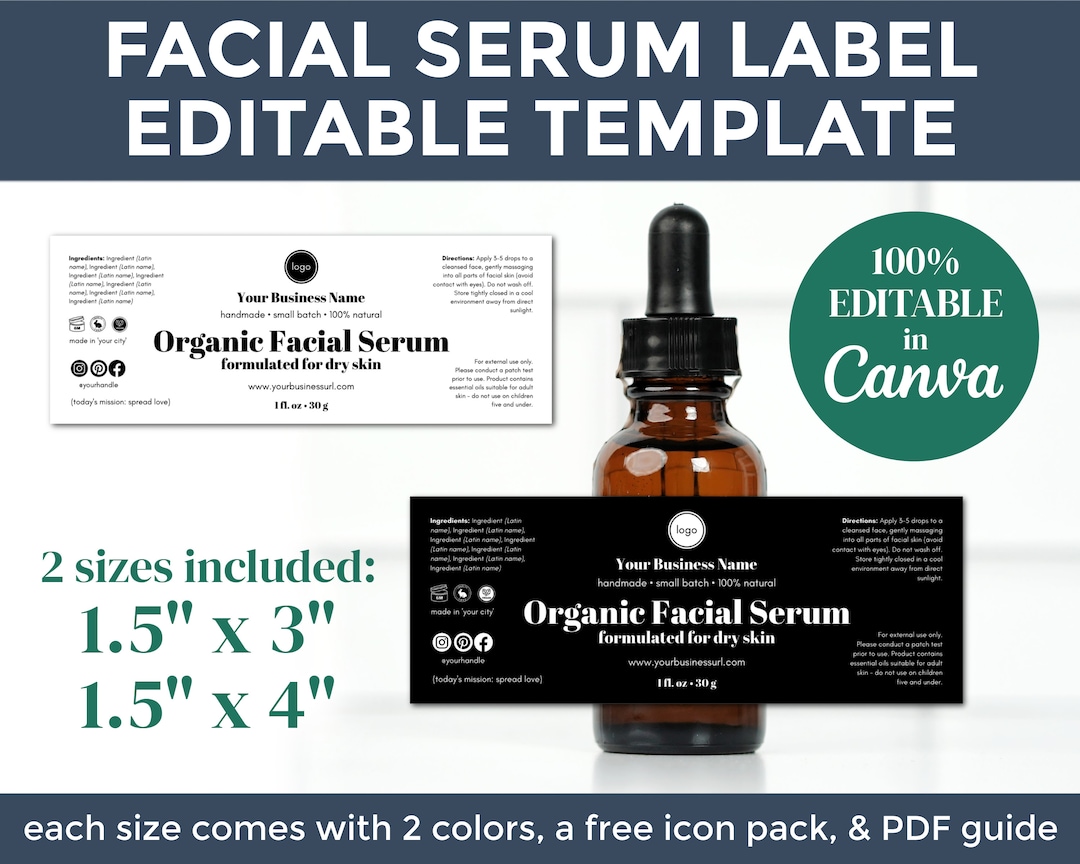 Facial Serum Label Template Editable in Canva Fits 1 Oz. Dropper Bottle ...