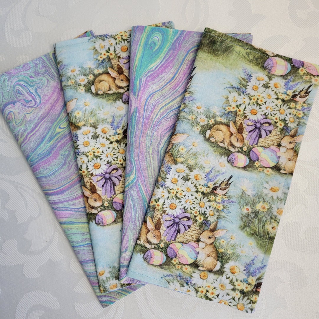 Easter Bunnies and Flowers 9-3/4" Cotton Napkins Set of 4, Reversible ...
