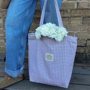 Lavender Purple Gingham Tote Bag With Interior Pockets, Reusable Canvas ...