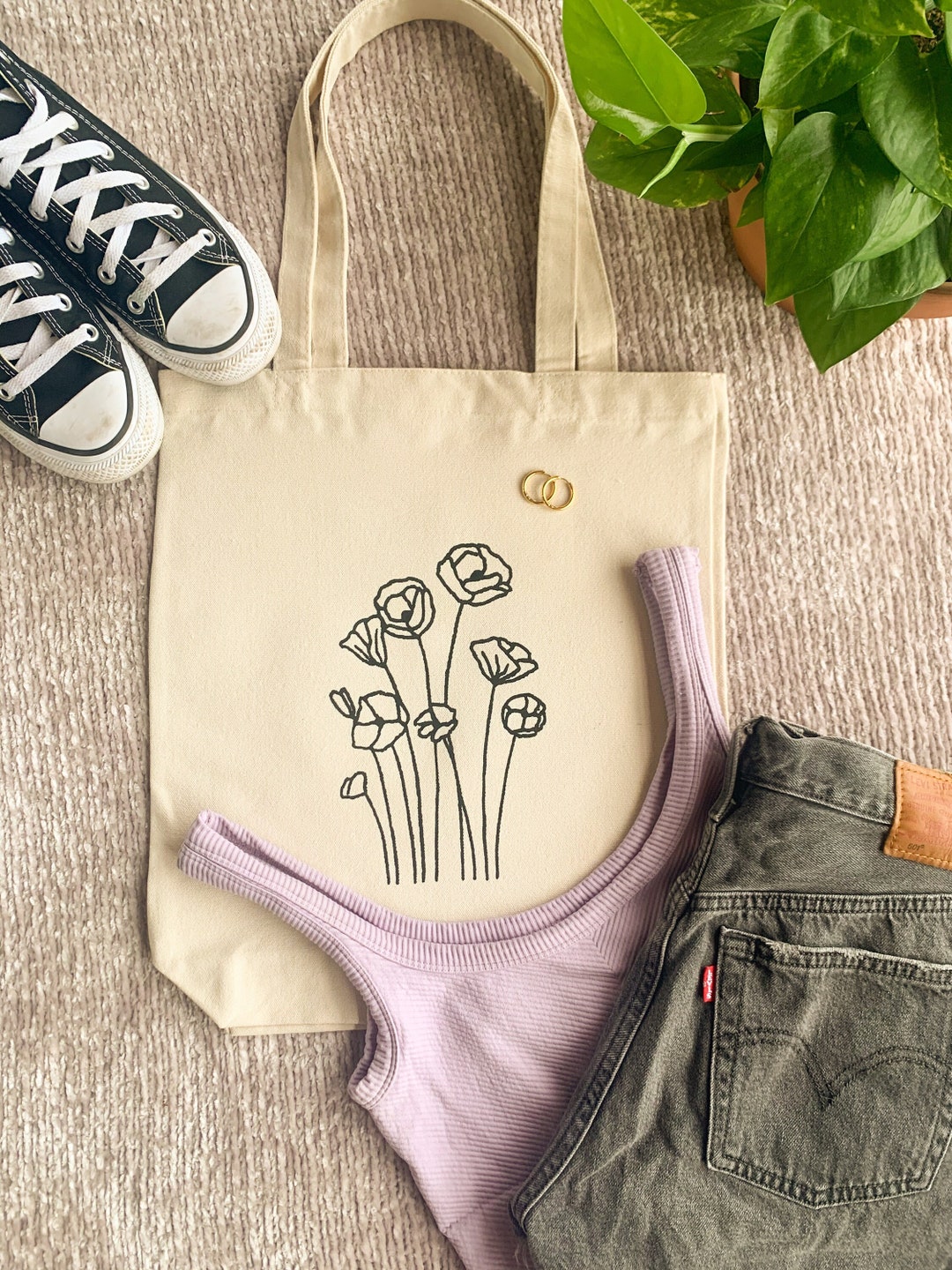 Poppy Tote Bag With Interior Pockets, Reusable Canvas Shoulder Bag ...