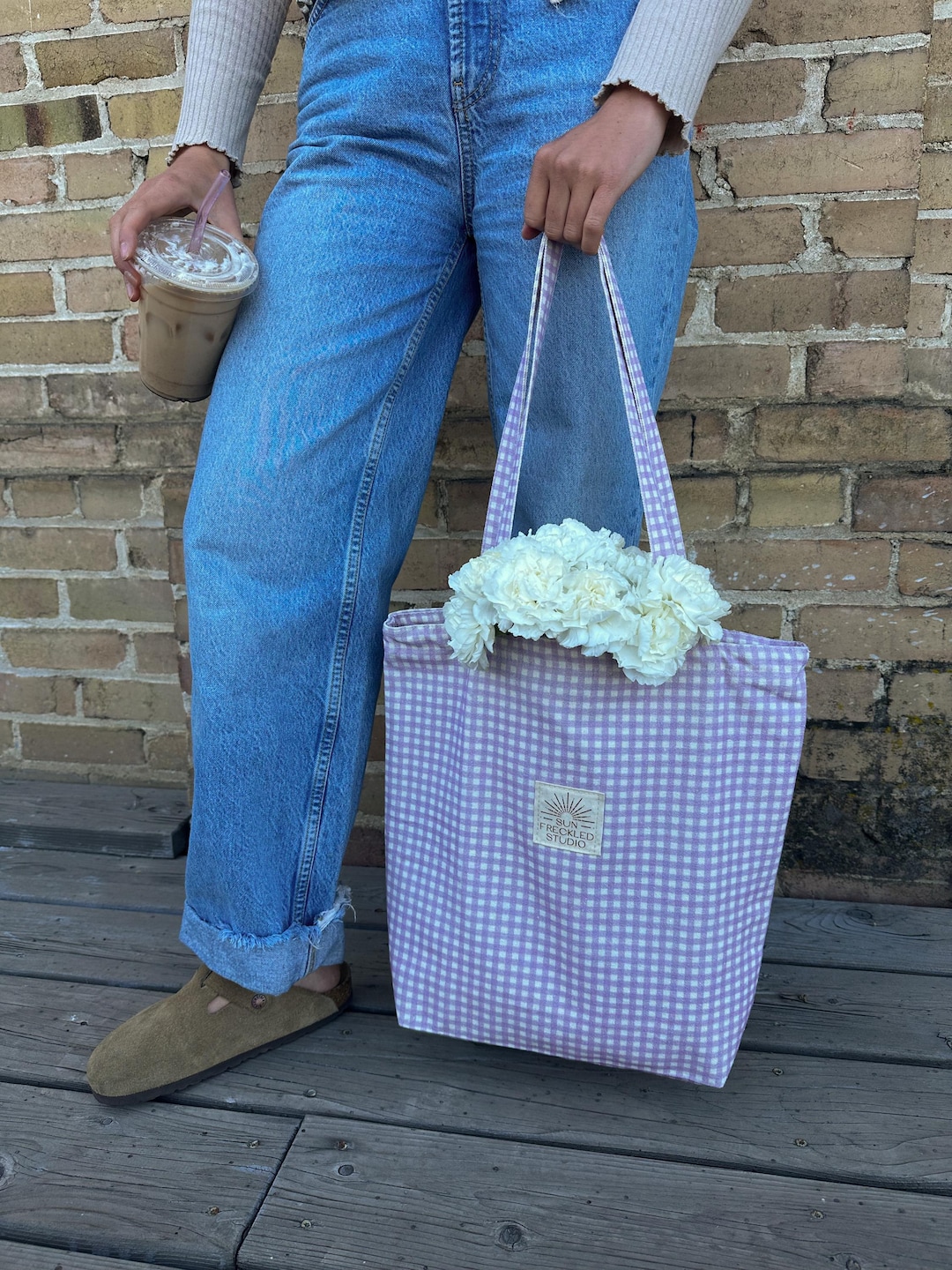 Lavender Purple Gingham Tote Bag With Interior Pockets, Reusable Canvas ...