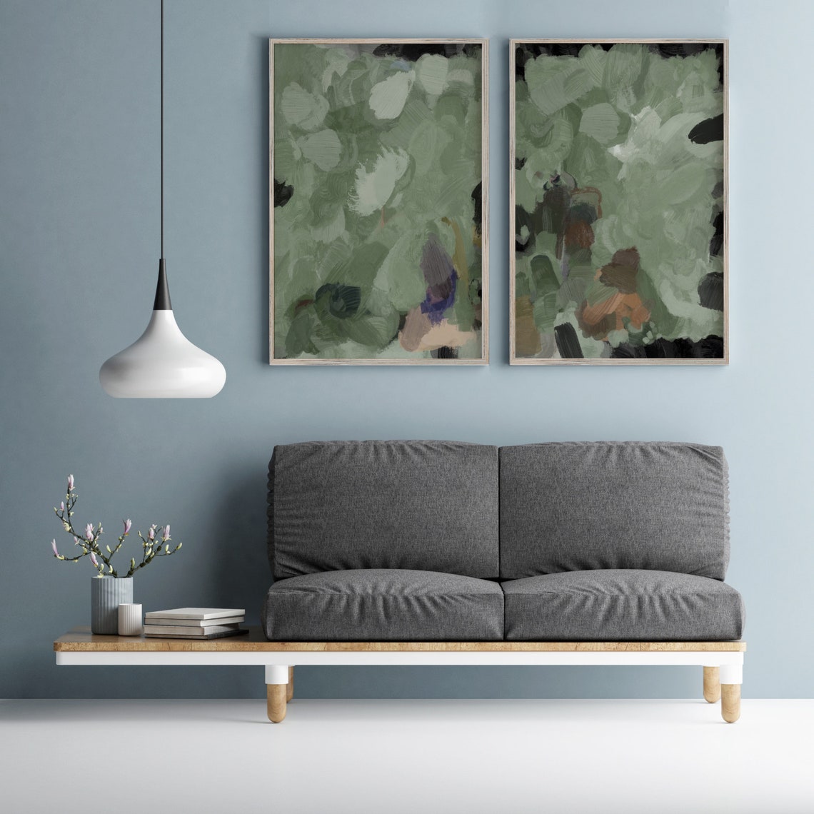 Green Abstract Art Prints Forest Olive Green Set of Two Prints, Green ...