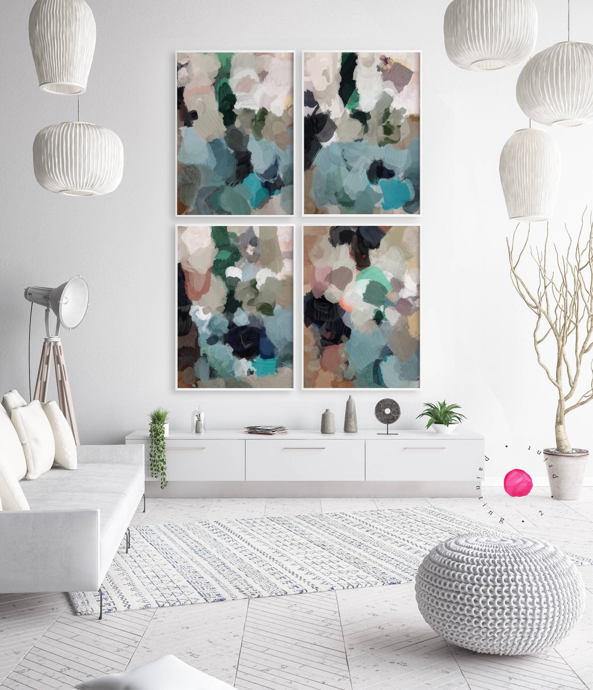 Extra Large Abstract Art, Set of 4 Wall Art, 72x48 Art, Teal Abstract ...