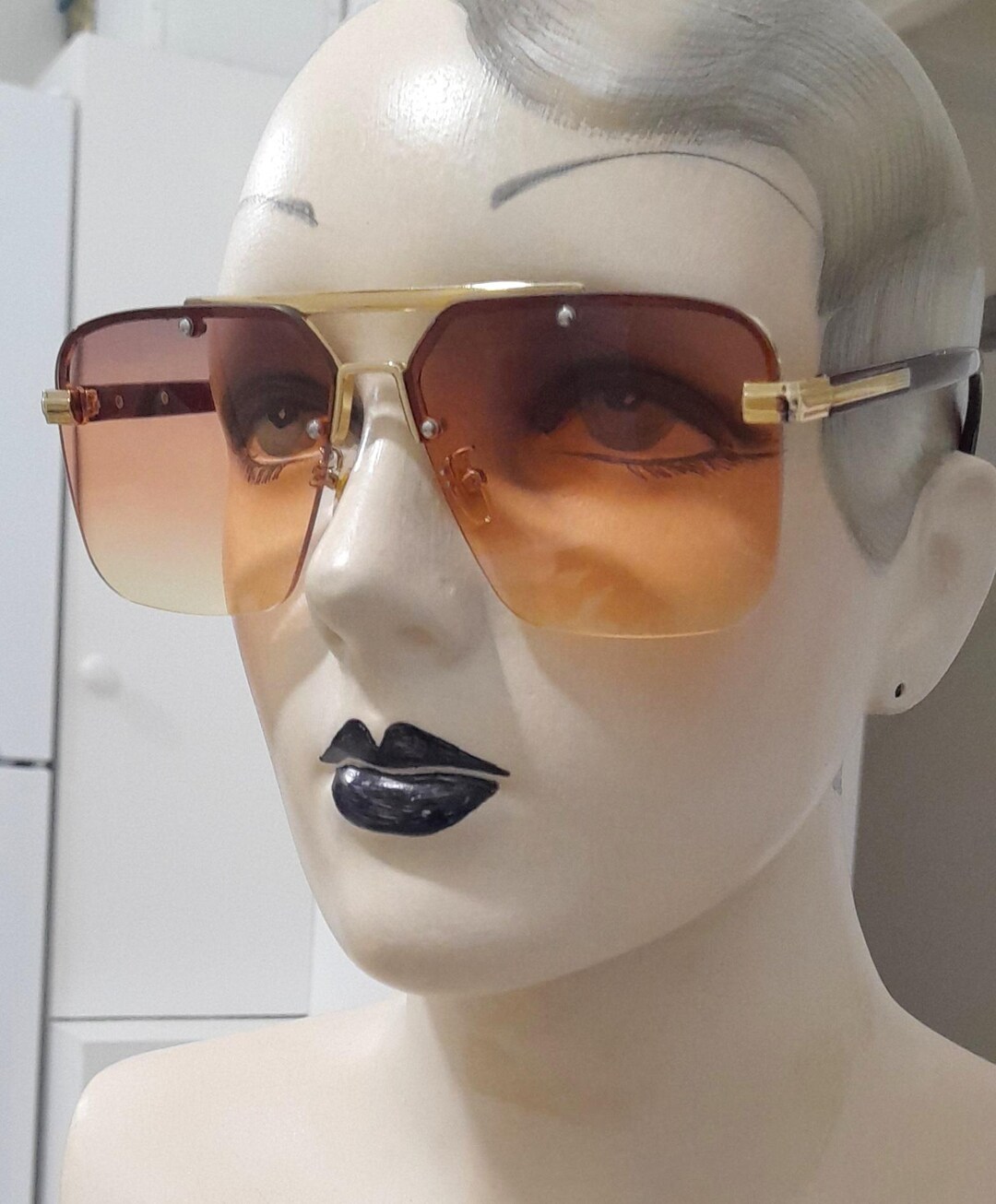 Amber Heather Tint70s Frameless Style Vintage Shape Sherry Tint Metal ...