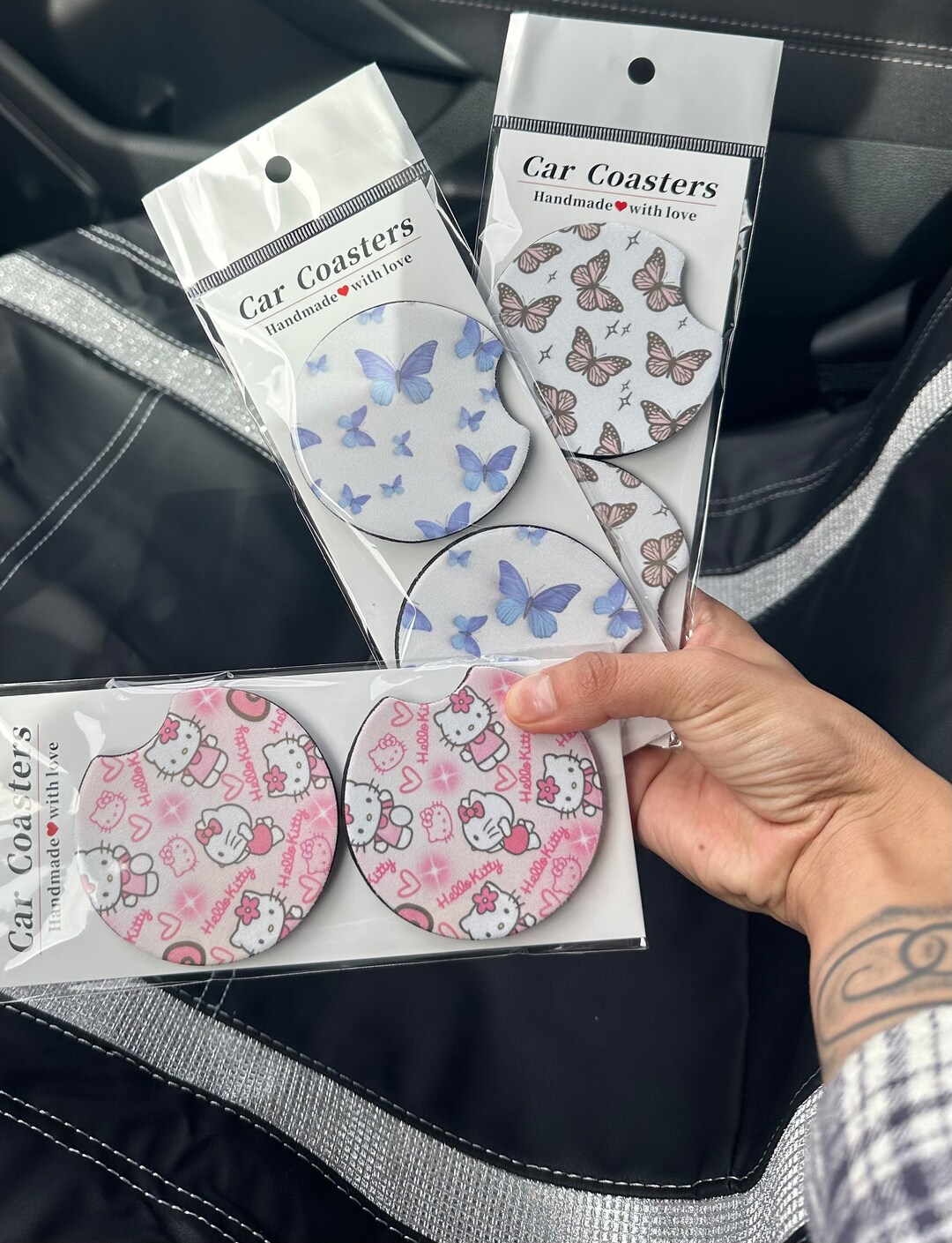Hello Kitty Car Coasters/butterflies Car Coasters / Car Accessories - Etsy