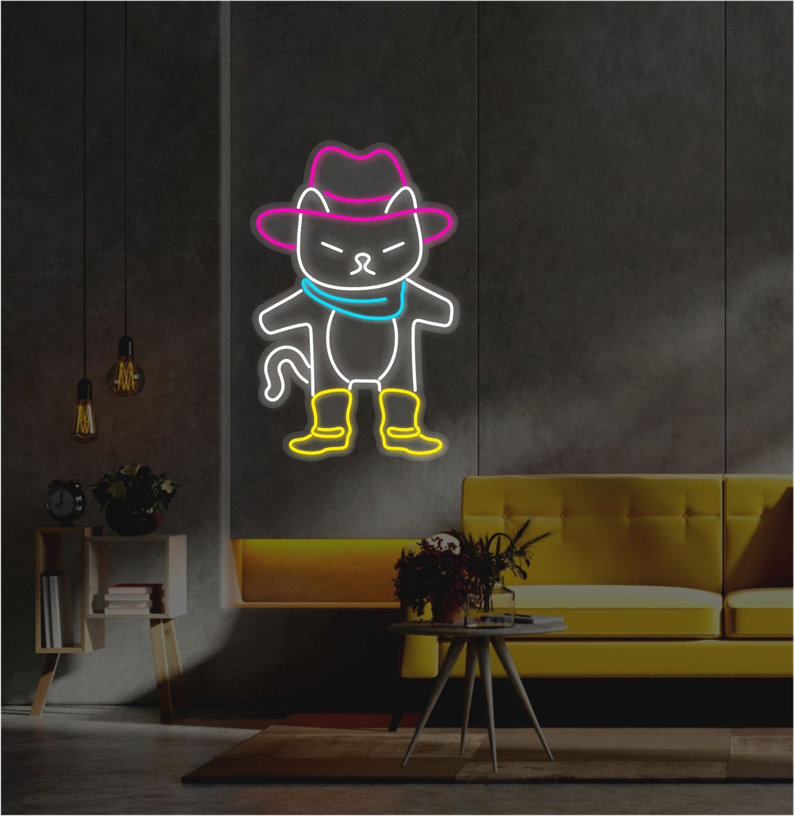 Kawaii Cowboy Cat LED Neon Sign | Meowdy in Hat | Cute Room Decor for ...