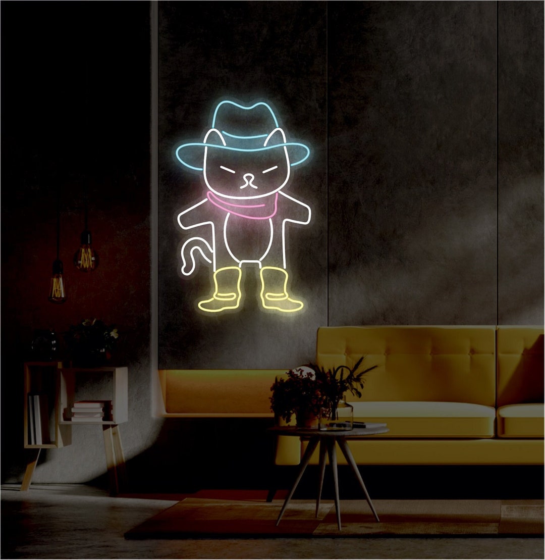 Kawaii Cowboy Cat LED Neon Sign Meowdy in Hat Cute Room Decor for Cat ...