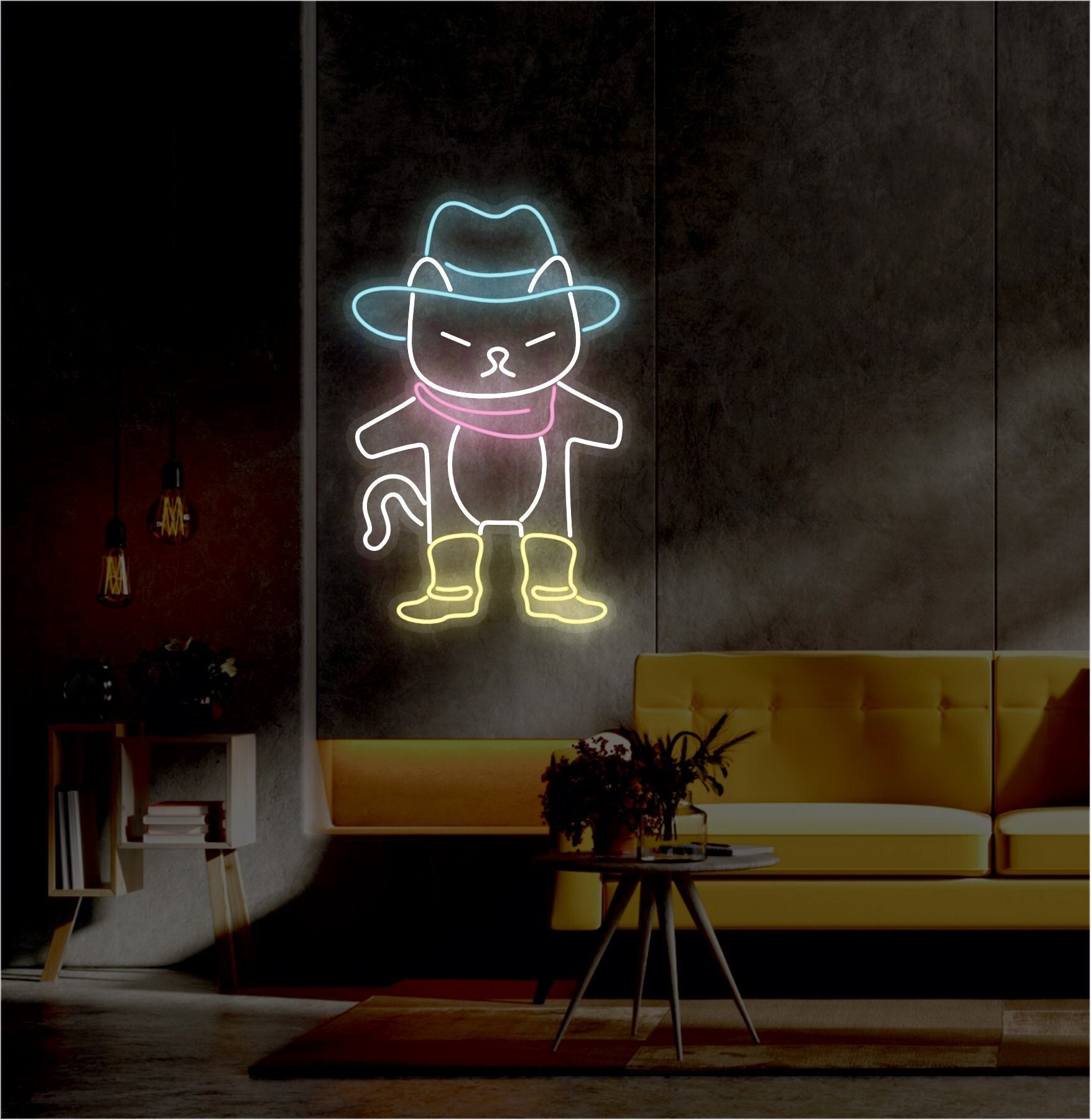 Kawaii Cowboy Cat LED Neon Sign | Meowdy in Hat | Cute Room Decor for ...
