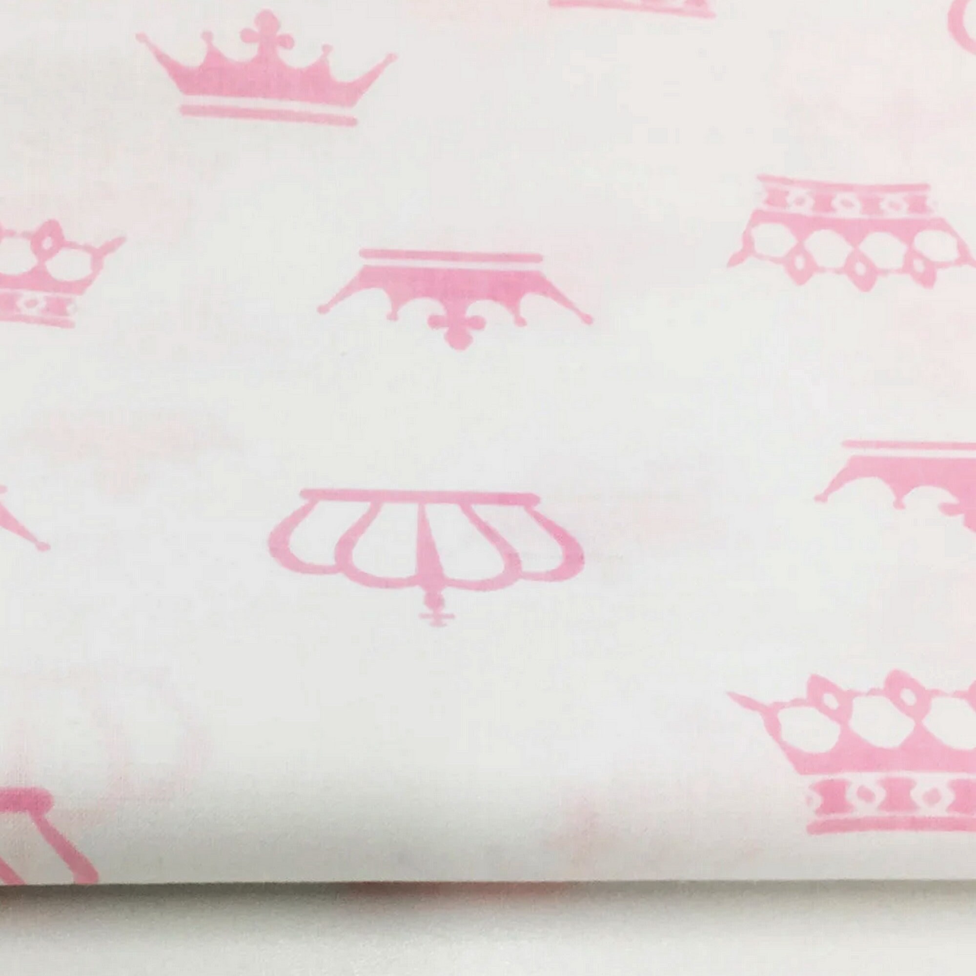 Cotton fabric pink crowns on white background fabric by the | Etsy
