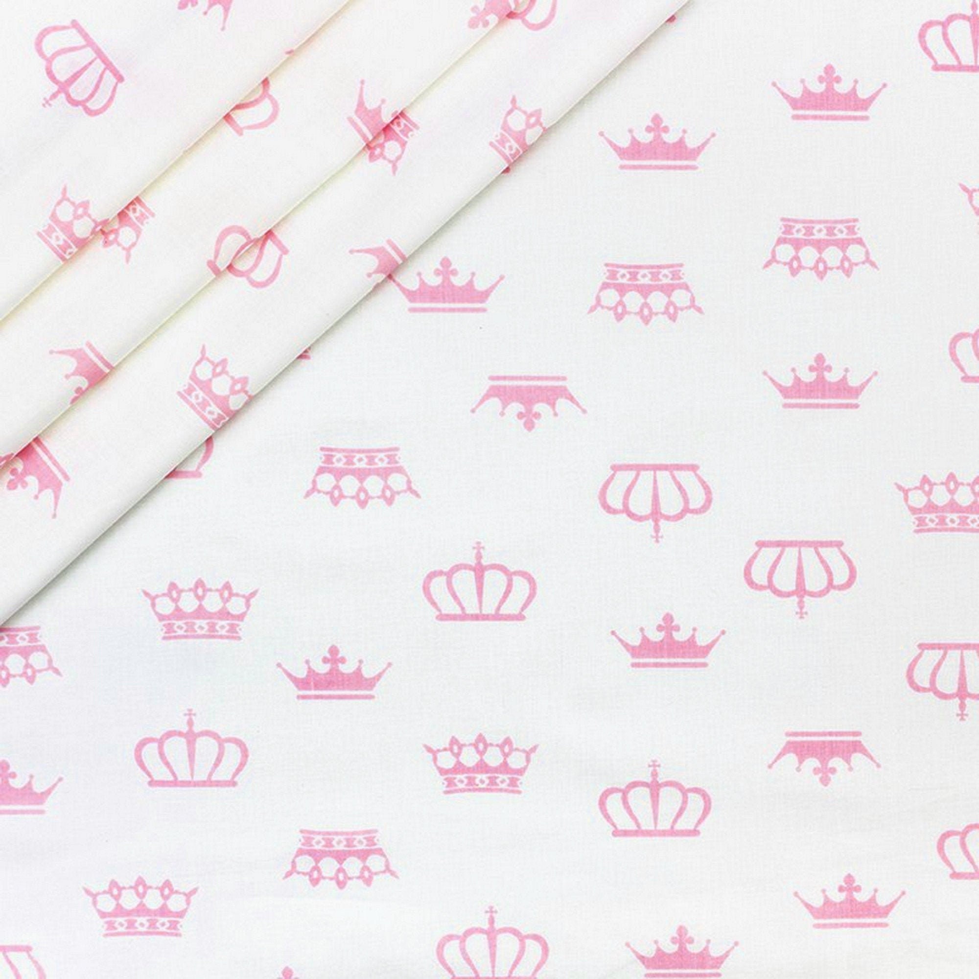Cotton fabric pink crowns on white background fabric by the | Etsy