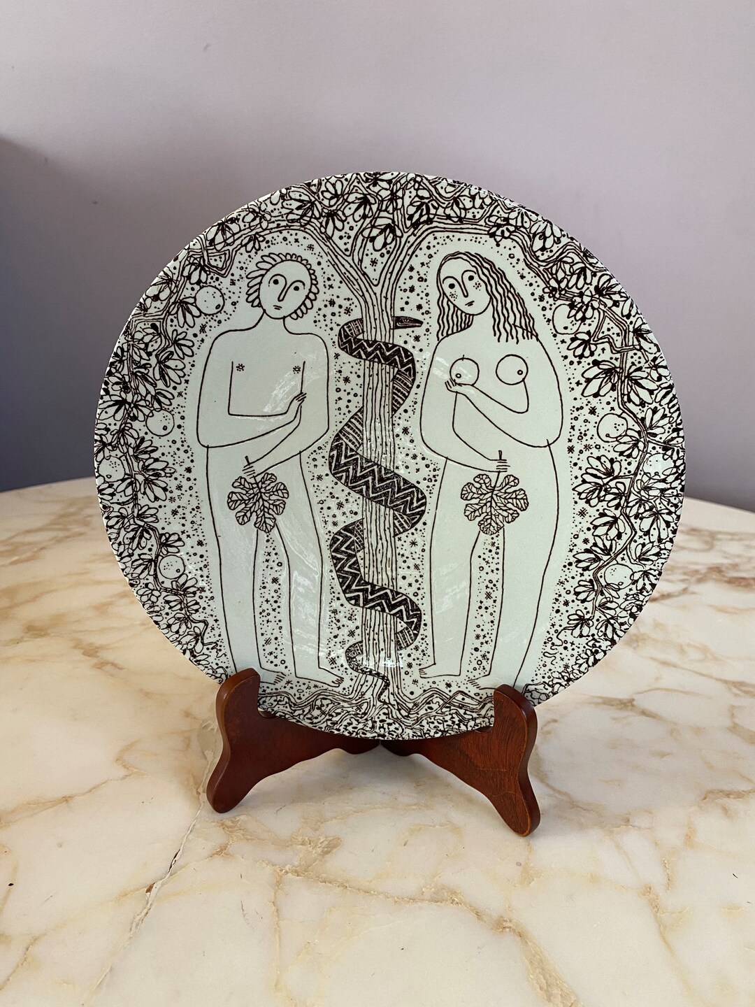 Vintage Nymolle Denmark Pottery by Jacob Bang 8” Plate. Adam & the Two Serpents. Pristine ...
