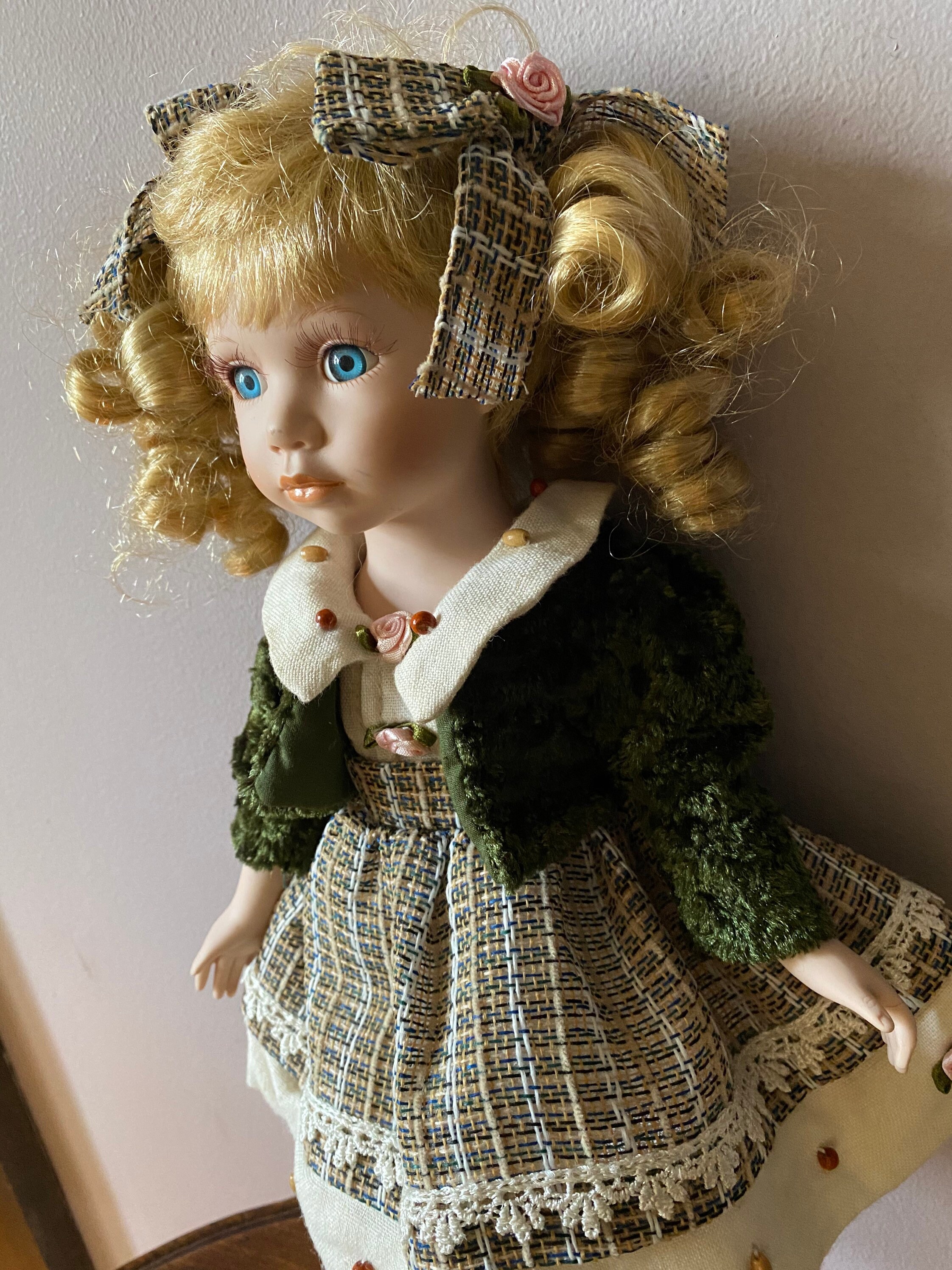 Beautiful Vintage Porcelain Doll With Blonde Ringlets and Blue - Etsy