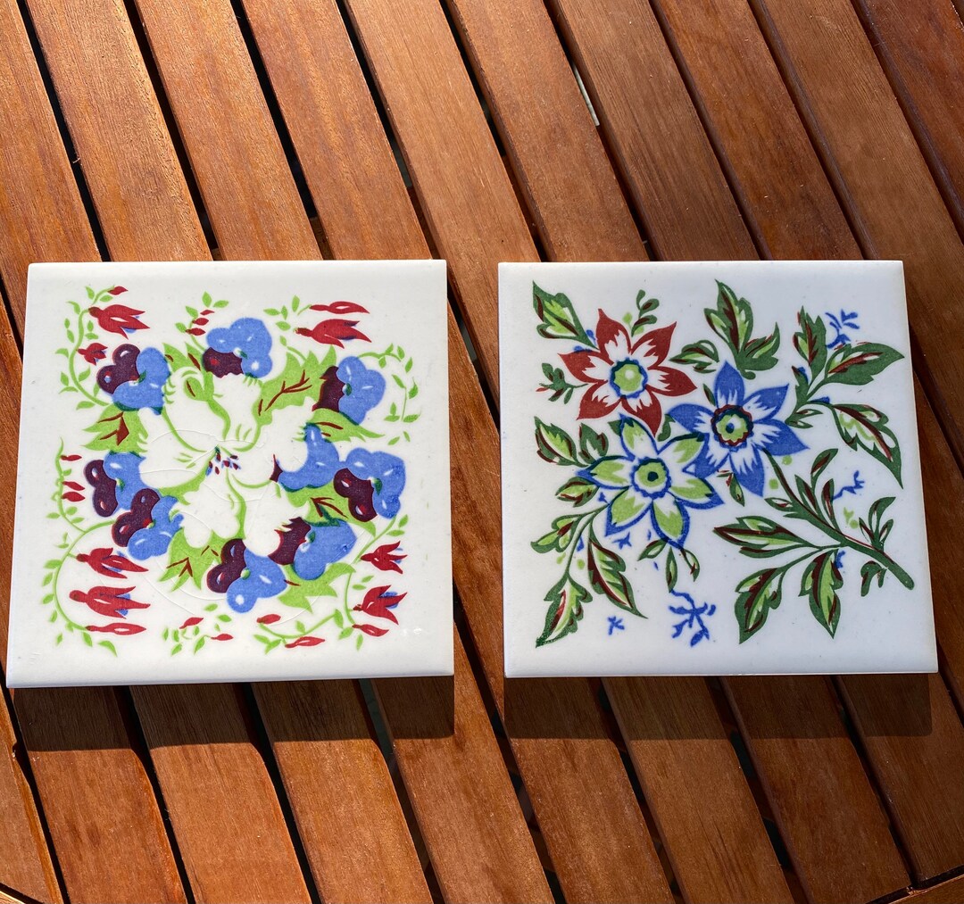 Pair of Vintage Painted Wheeling Cushion Tiles. Gorgeous Floral Design ...