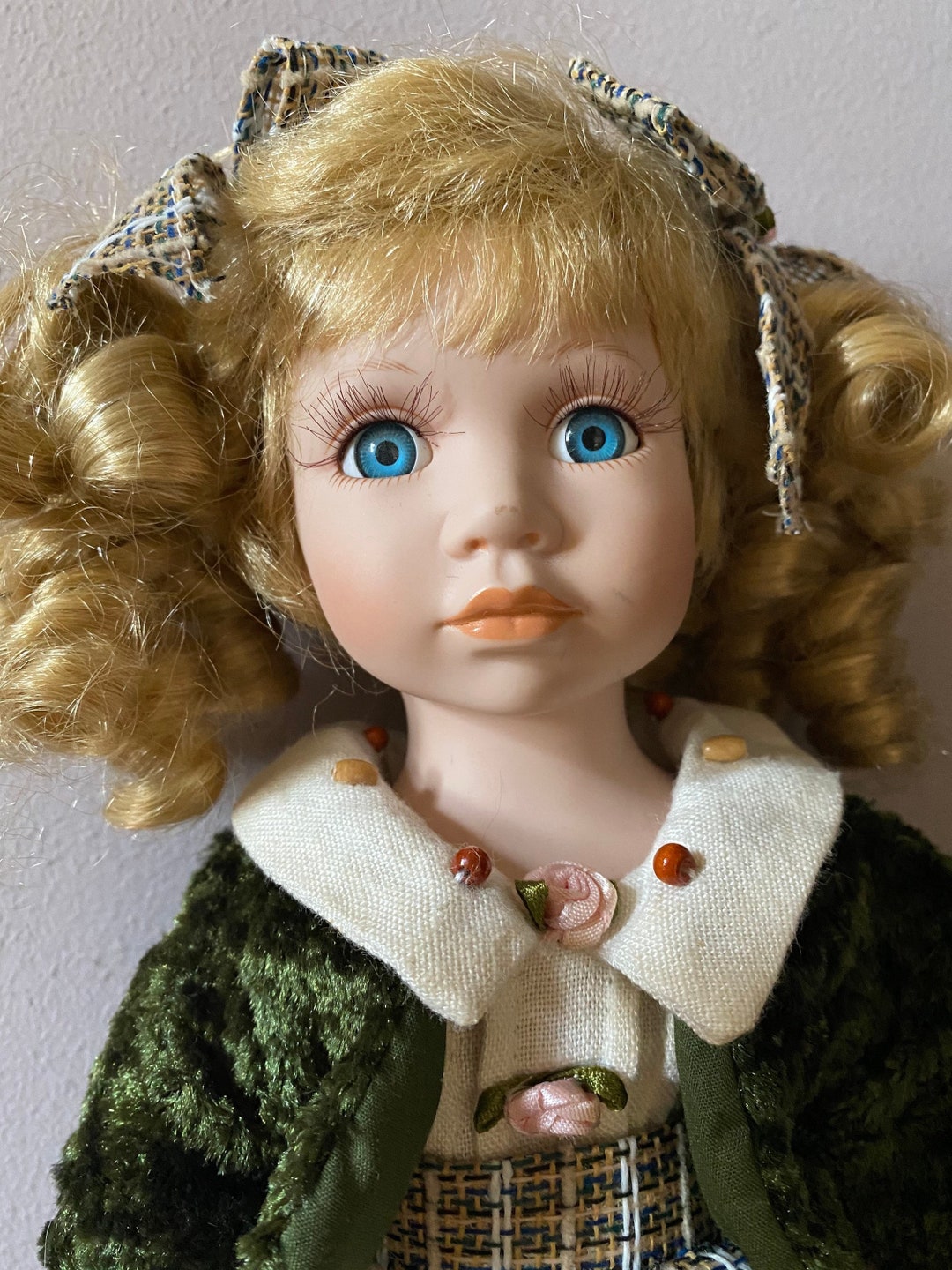 Beautiful Vintage Porcelain Doll With Blonde Ringlets and Blue Eyes ...